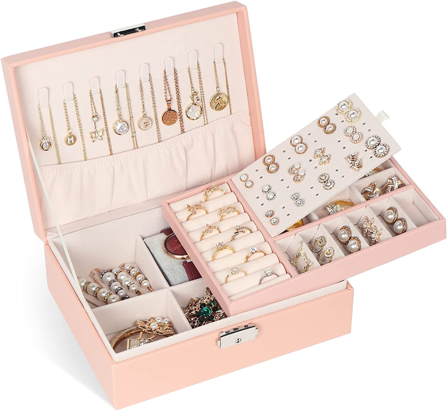 Jewelry Organizer，Large 2 Layer Jewelry Storage Case, PU Leather ...