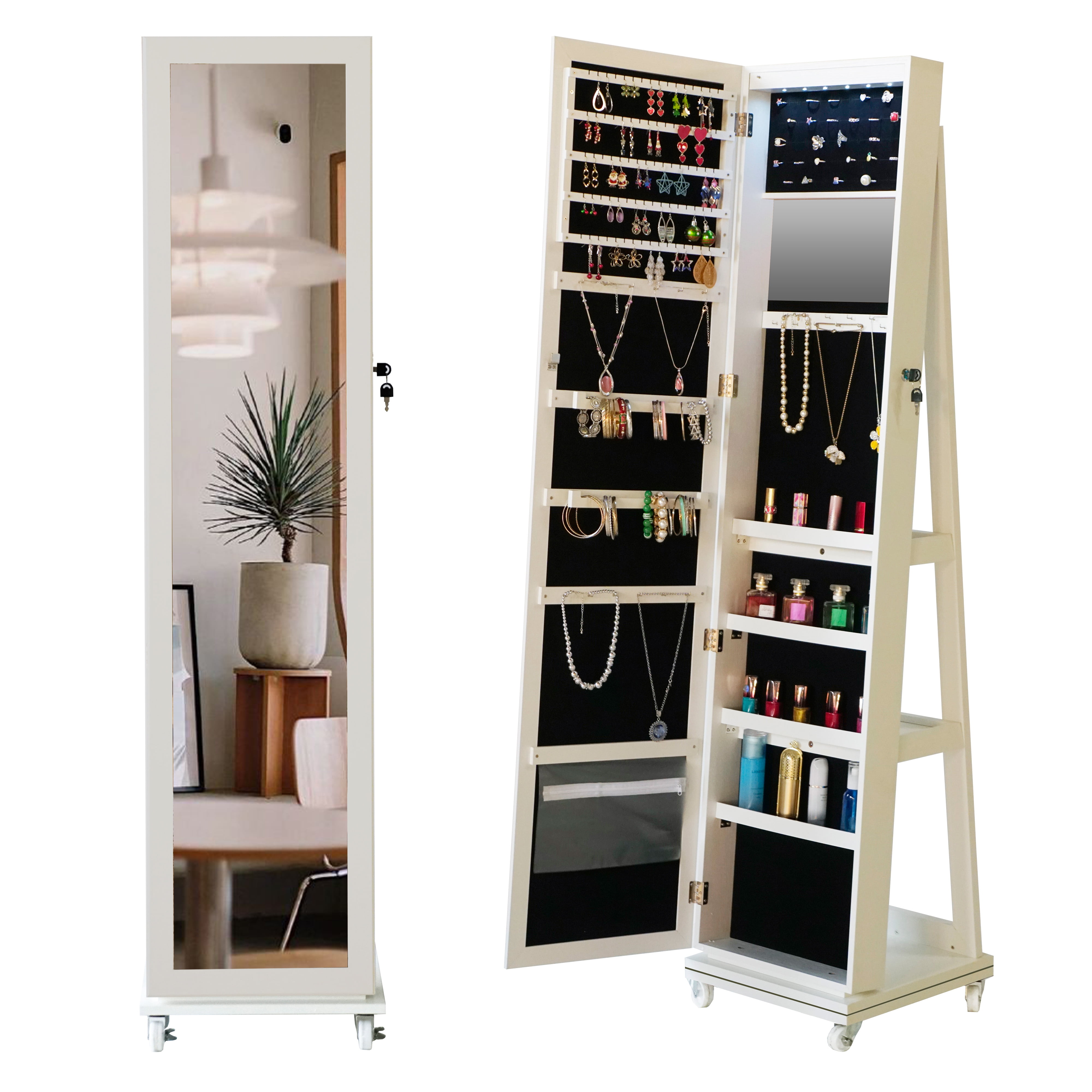 Jewelry Storage For Bedroom, Full Length Mirror 360° Swivel Jewelry ...