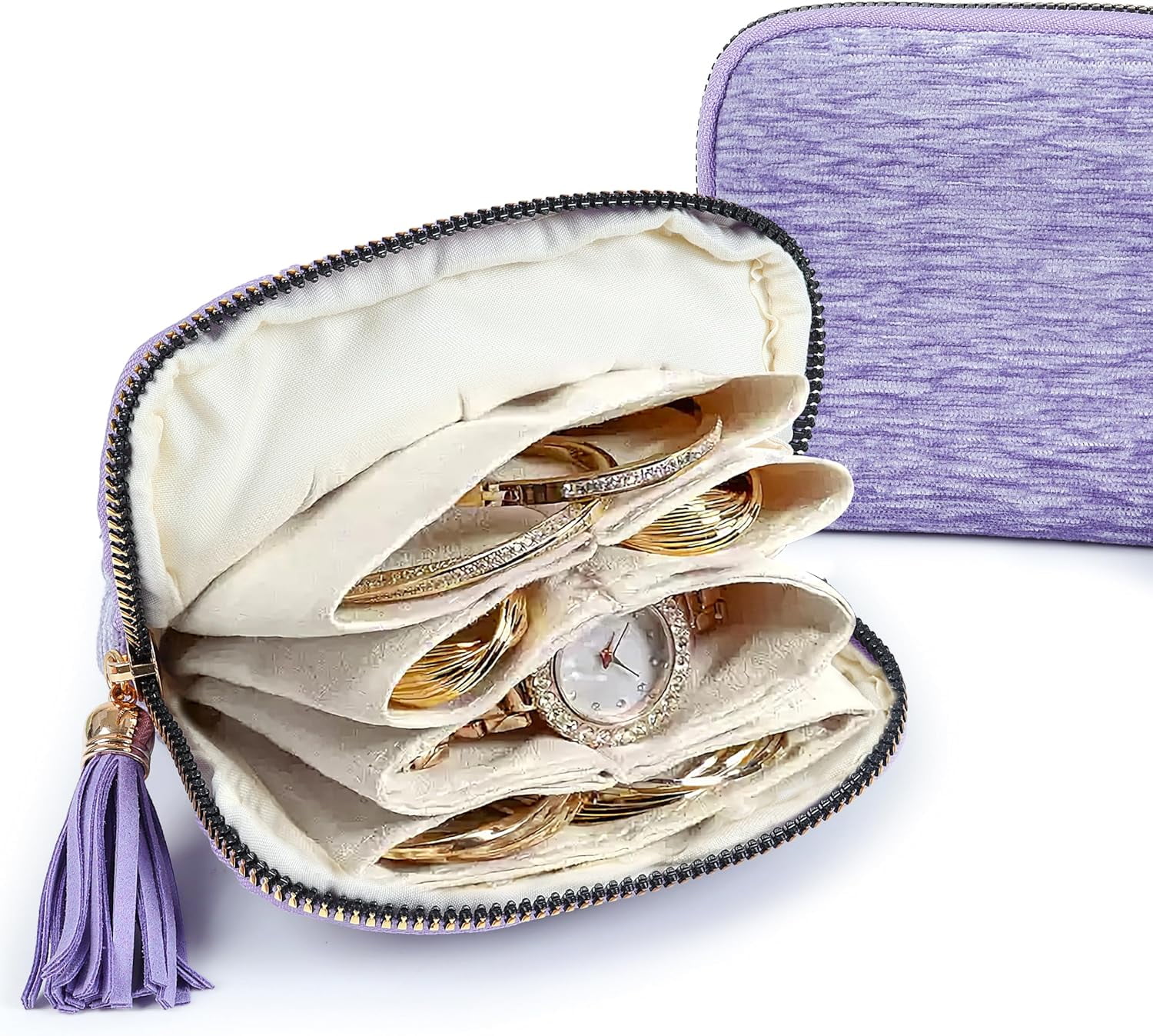 Jewelry Zippered Pocket Case, Multi-Layer Flannel Lined Leather ...