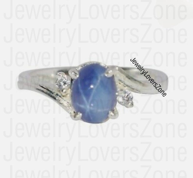 JewelryLoversZone Blue Star Sapphire Ring 925 Sterling Silver Art Deco ...