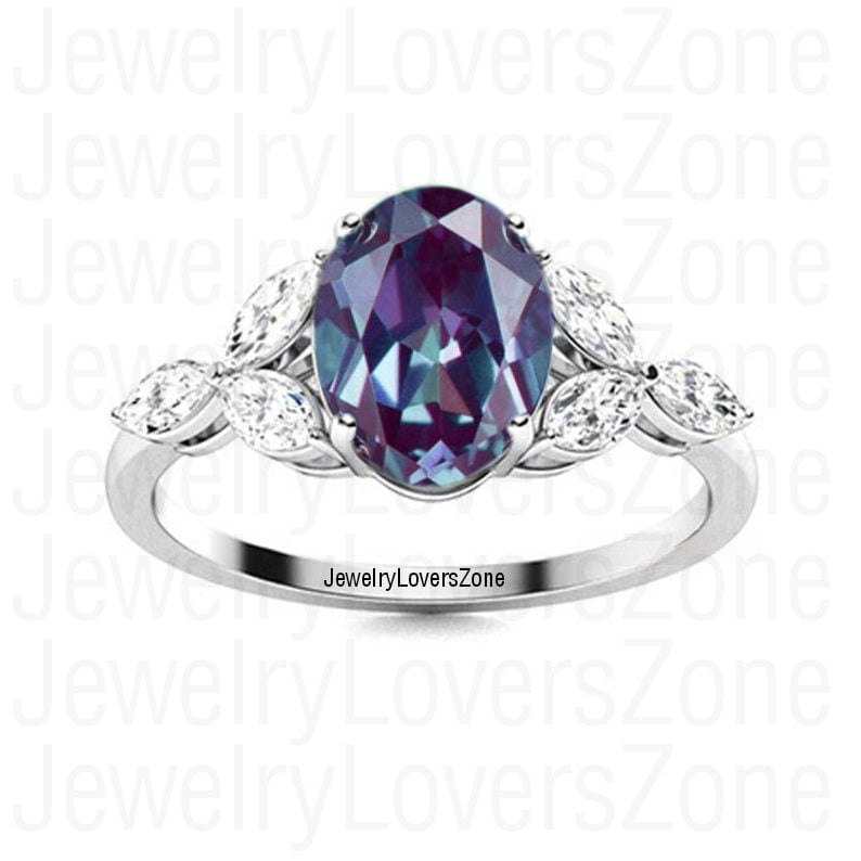 JewelryLoversZone Oval Cut Alexandrite Engagement Ring Color-Change Gem ...