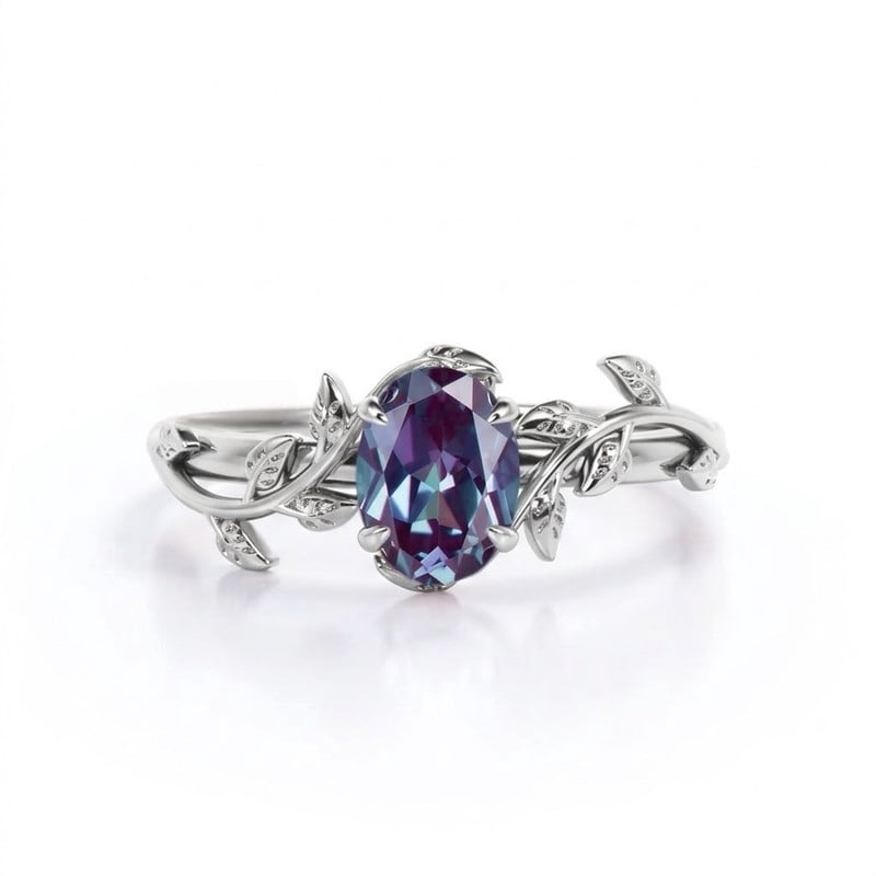 JewelryLoversZone Oval Cut Lab Alexandrite Leaf Ring, Sterling Silver ...