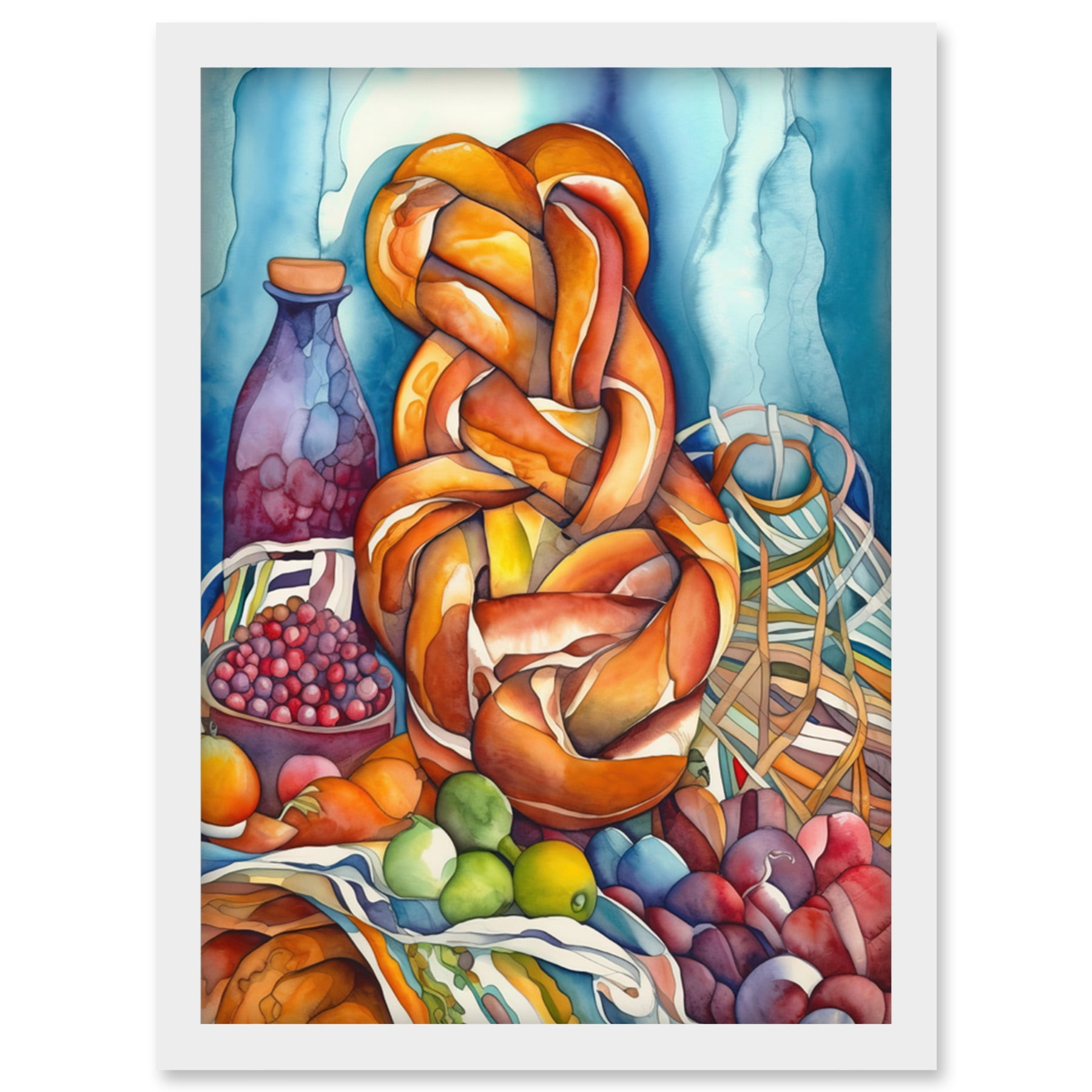 Jewish Challah Bread And Fruit Folk Art Watercolour Painting Artwork ...