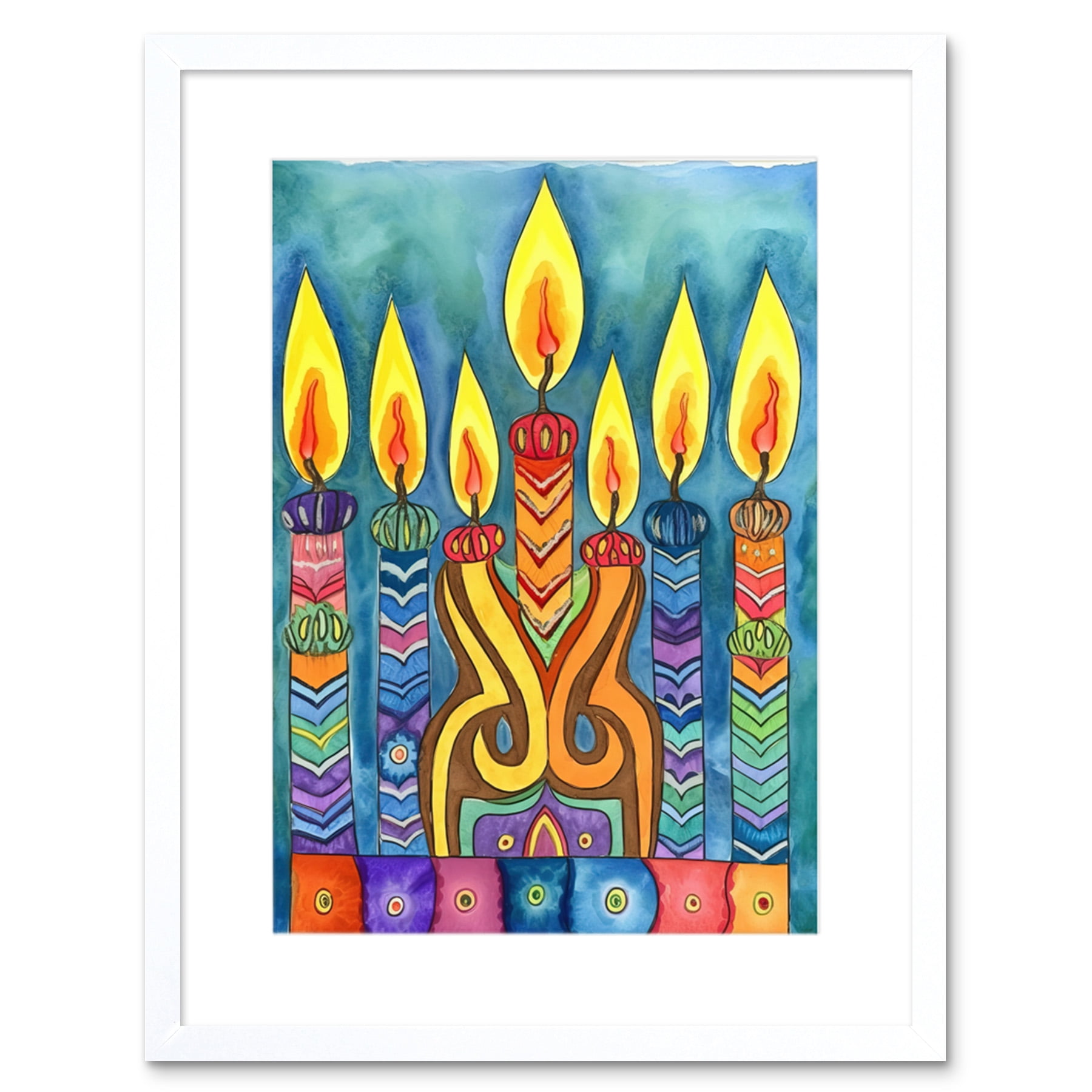 Jewish Menorah Candle Patterns Folk Art Watercolour Painting Artwork ...