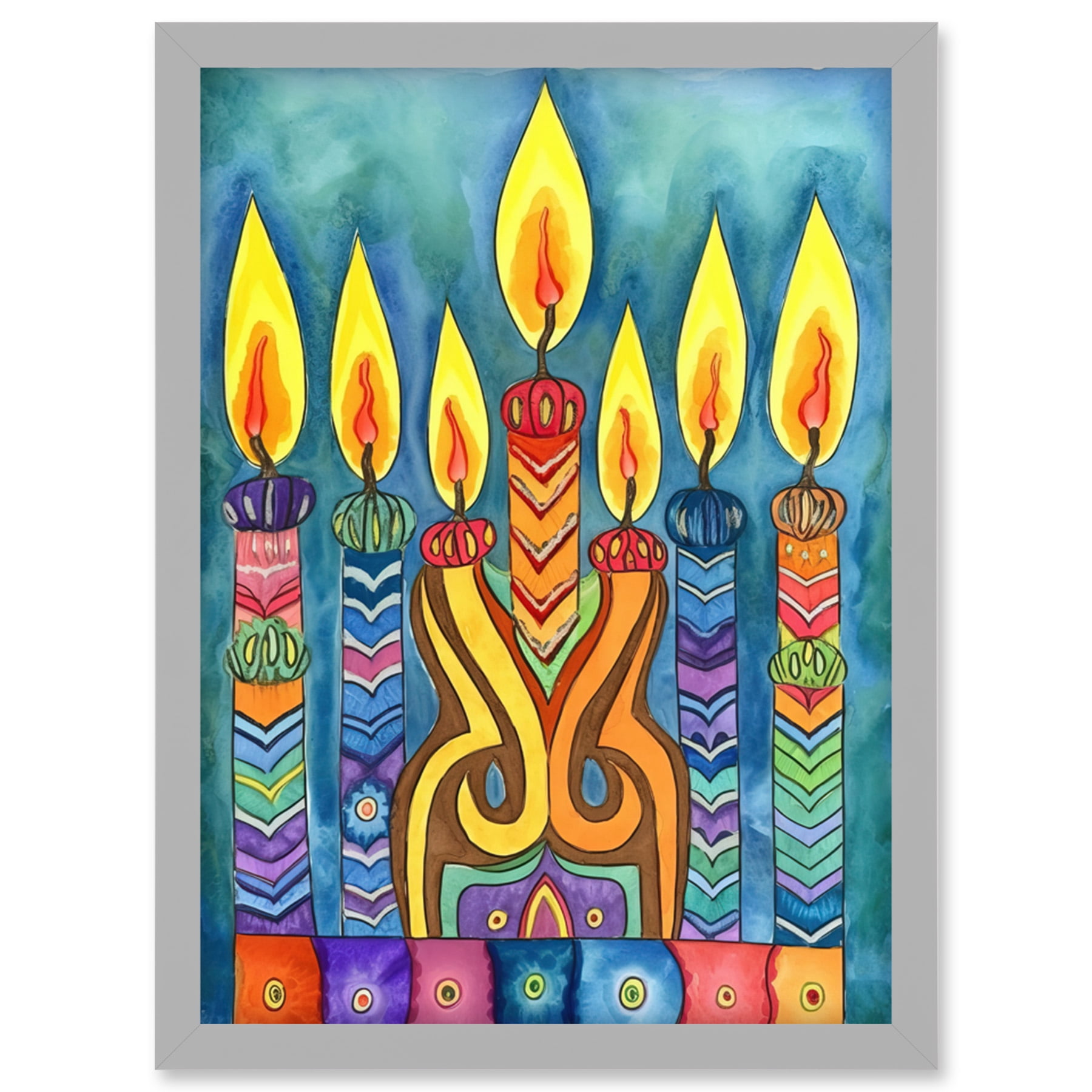Jewish Menorah Candle Patterns Folk Art Watercolour Painting Artwork ...