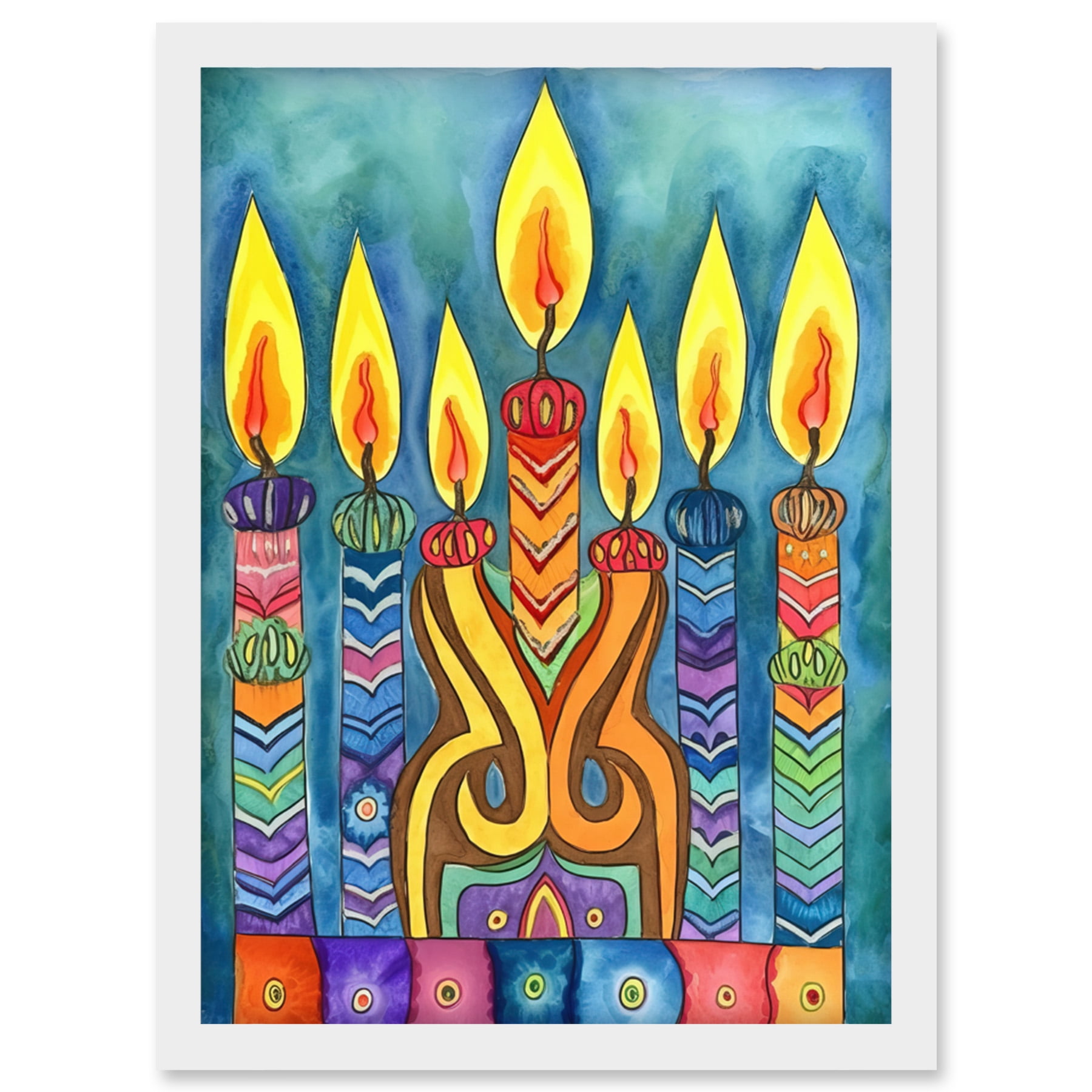 Jewish Menorah Candle Patterns Folk Art Watercolour Painting Artwork ...