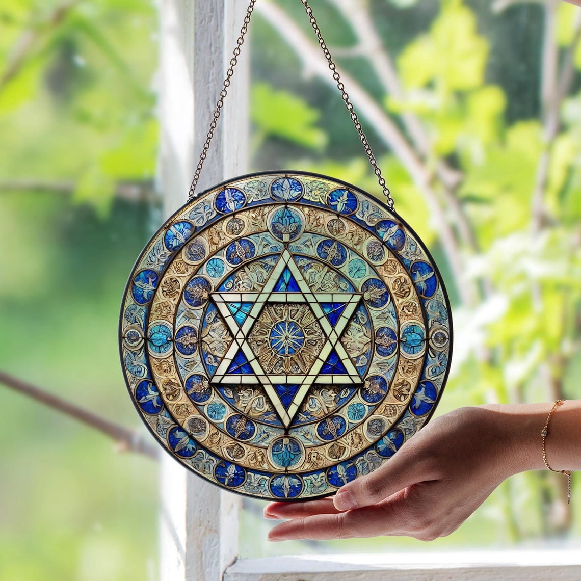 Jewish Star of David Glass Suncatcher, Faith Symbol Window Art, Judaica ...