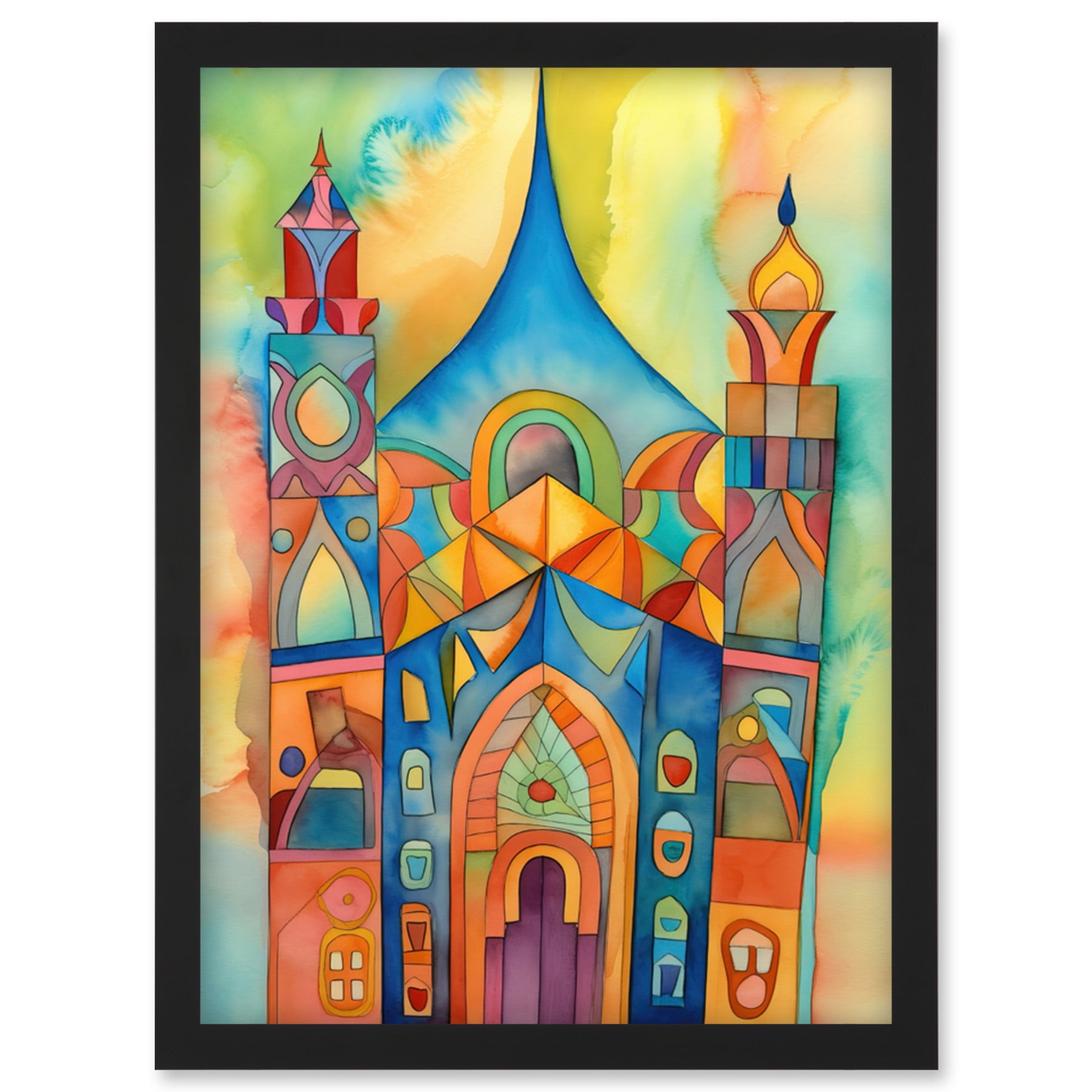 Jewish Synagogue Building Multicoloured Folk Art Watercolour Painting ...