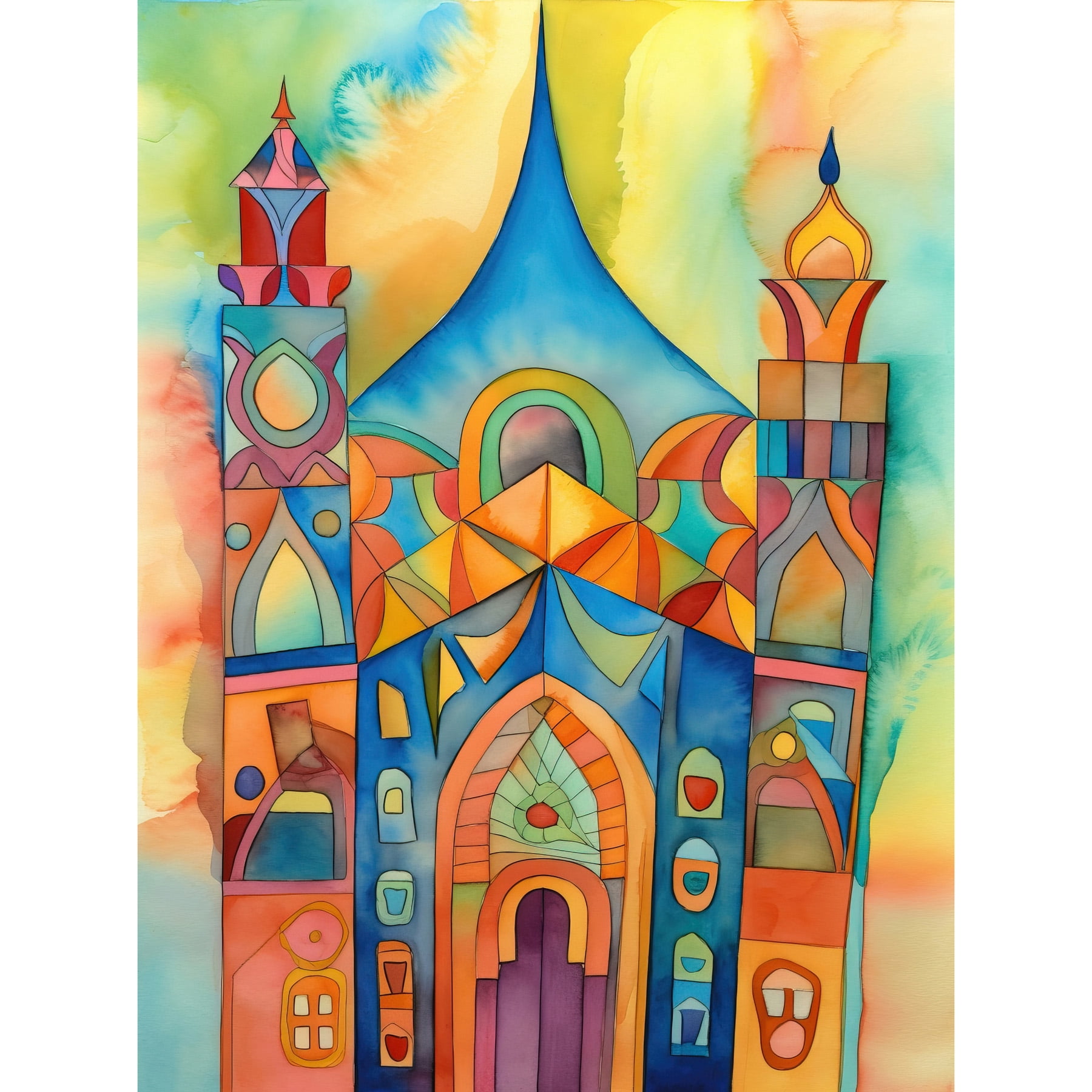 Jewish Synagogue Building Multicoloured Folk Art Watercolour Painting ...