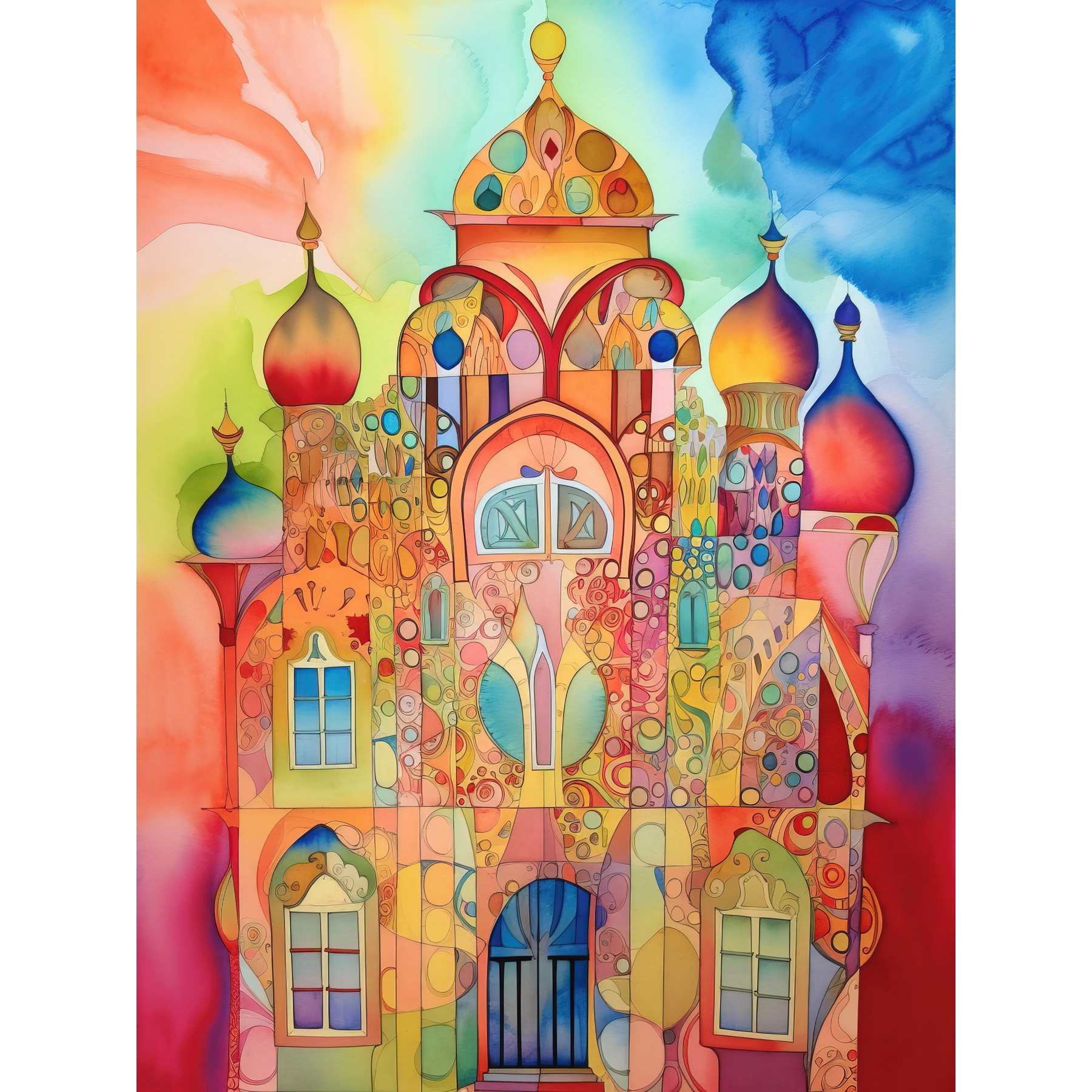 Jewish Synagogue Decorated Building Vibrant Folk Art Watercolour ...