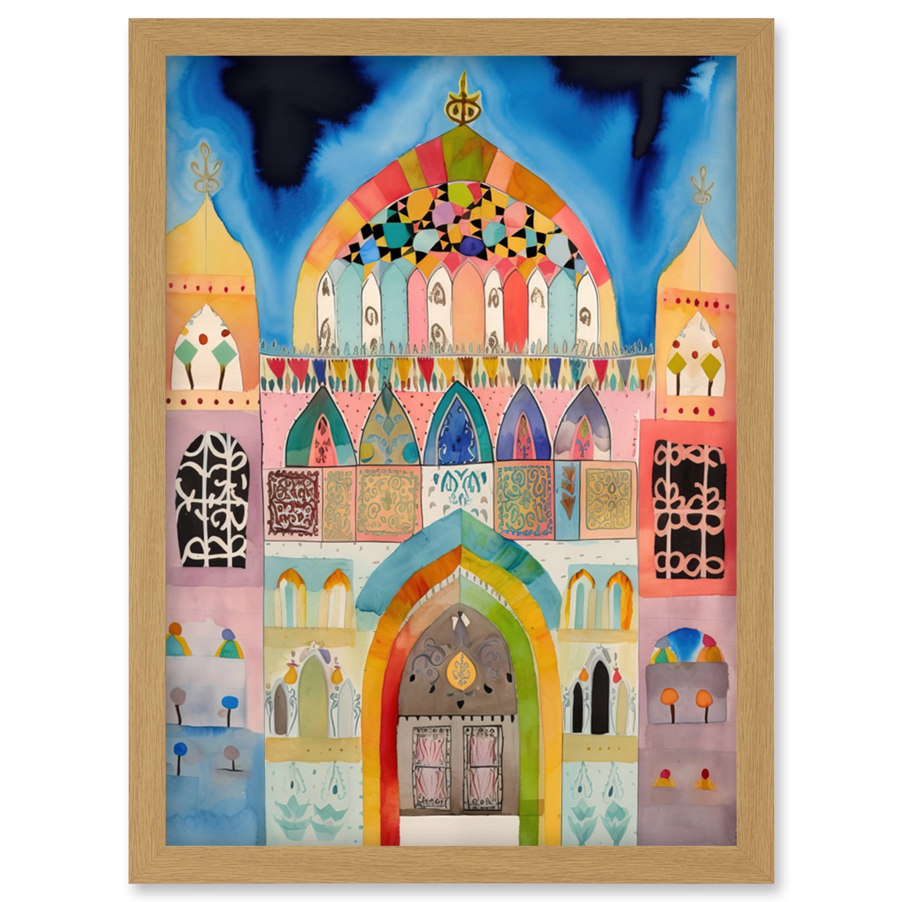 Jewish Synagogue Decorated Facade Folk Art Watercolour Painting Artwork