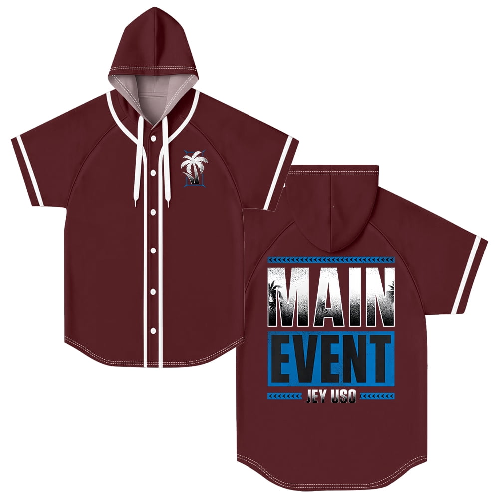 Jey Uso Main Event Hooded Baseball Jersey Tops Short Sleeve Button-up ...