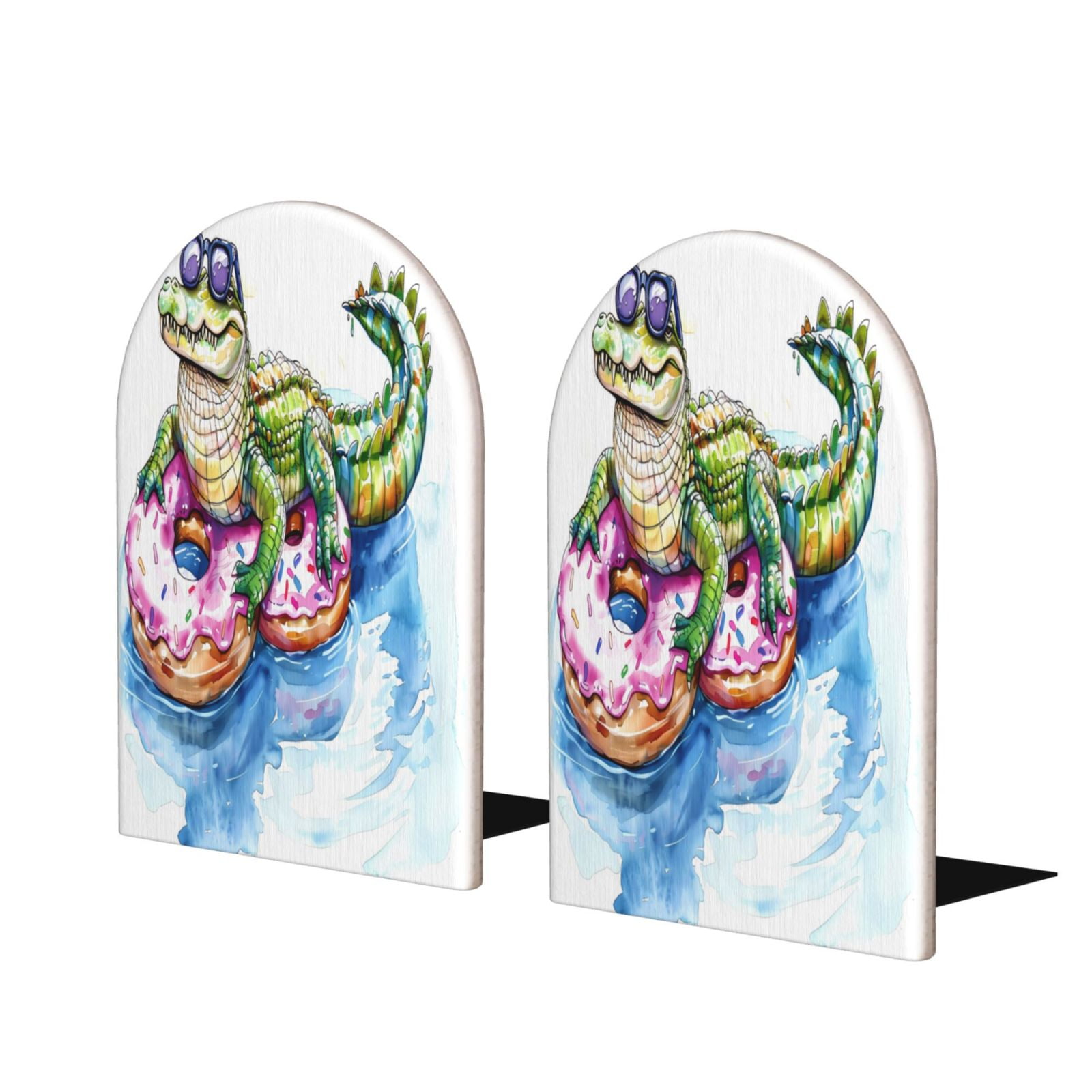 Jgfou Alligator Donut Pool Float Print Wooden Bookends, Non-Slip Book ...