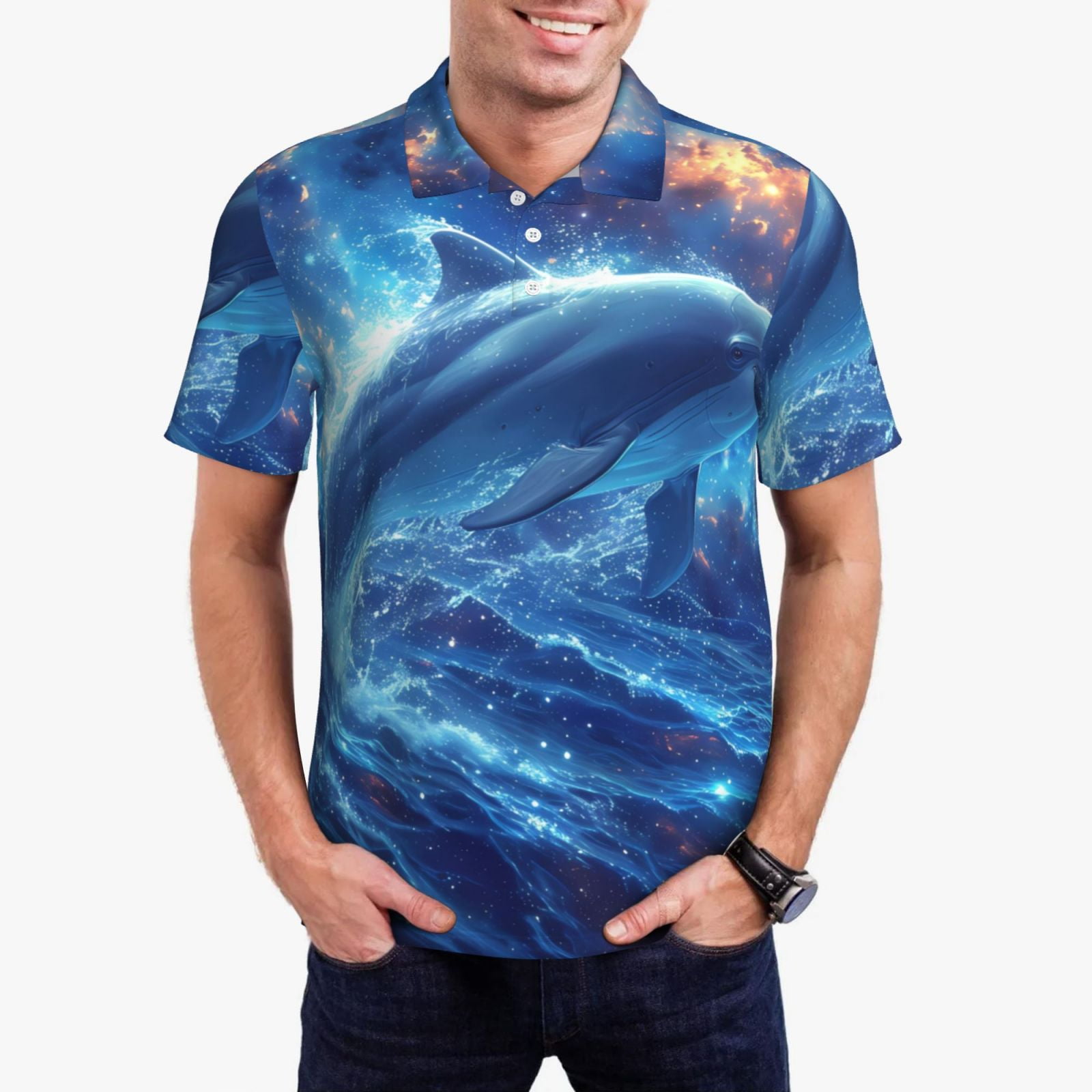 Jgfou Beautiful Ocean Dolphin Print Golf Shirts for Men Dry Fit ...