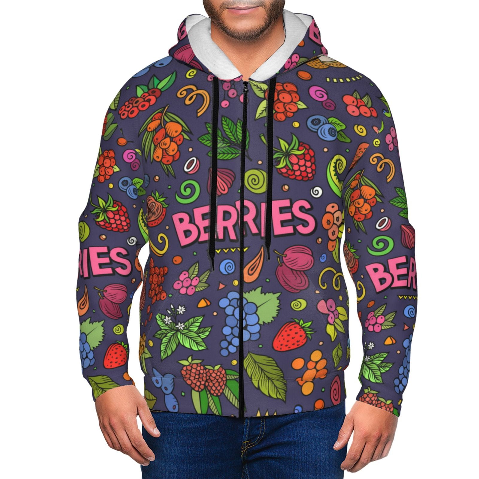 Jgfou Berry Fruits Print Mens Hoodie,Full-zip Zip-up Hooded Sweatshirt ...
