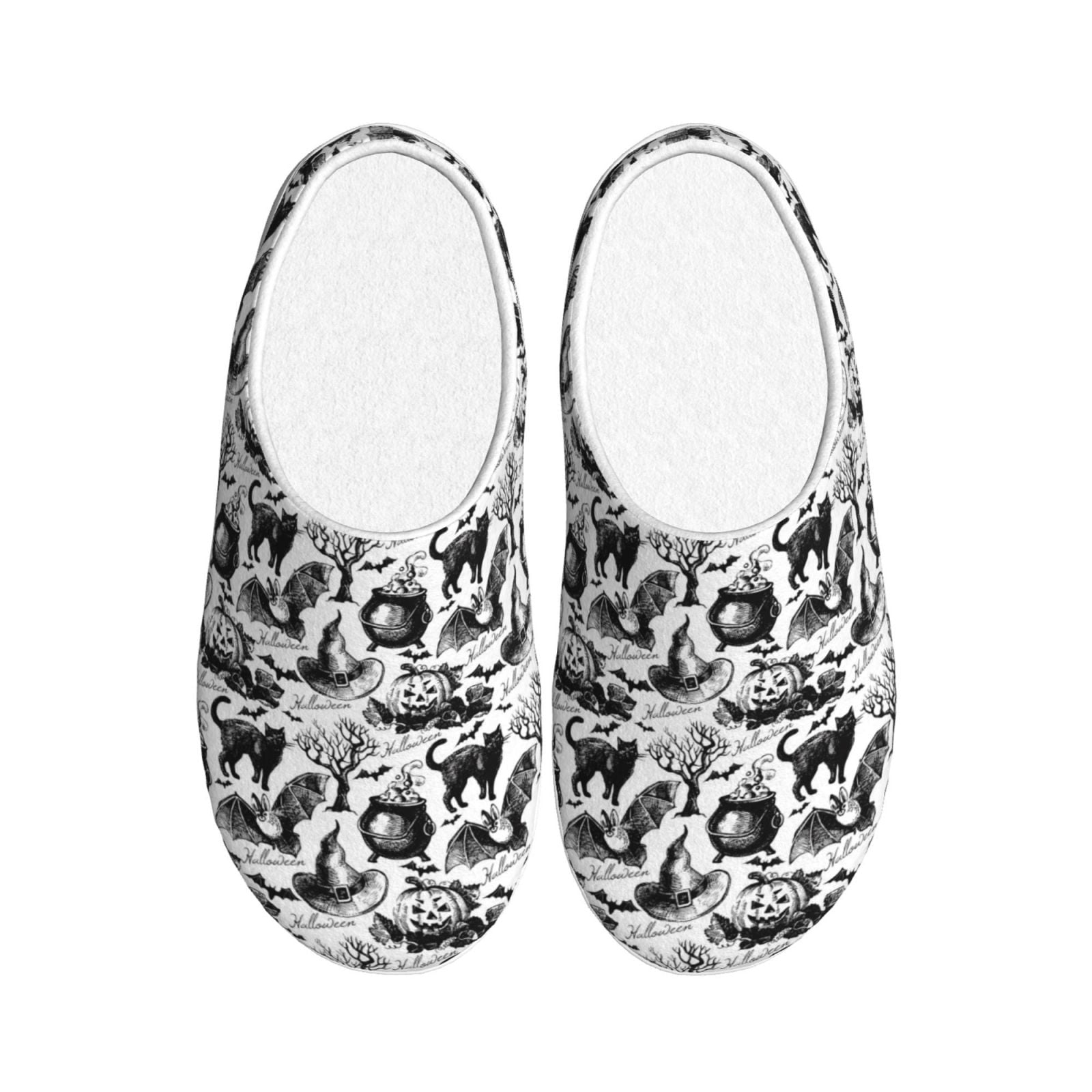 Jgfou Black White Halloween Print Cotton Slippers, Fuzzy and Cozy Warm ...