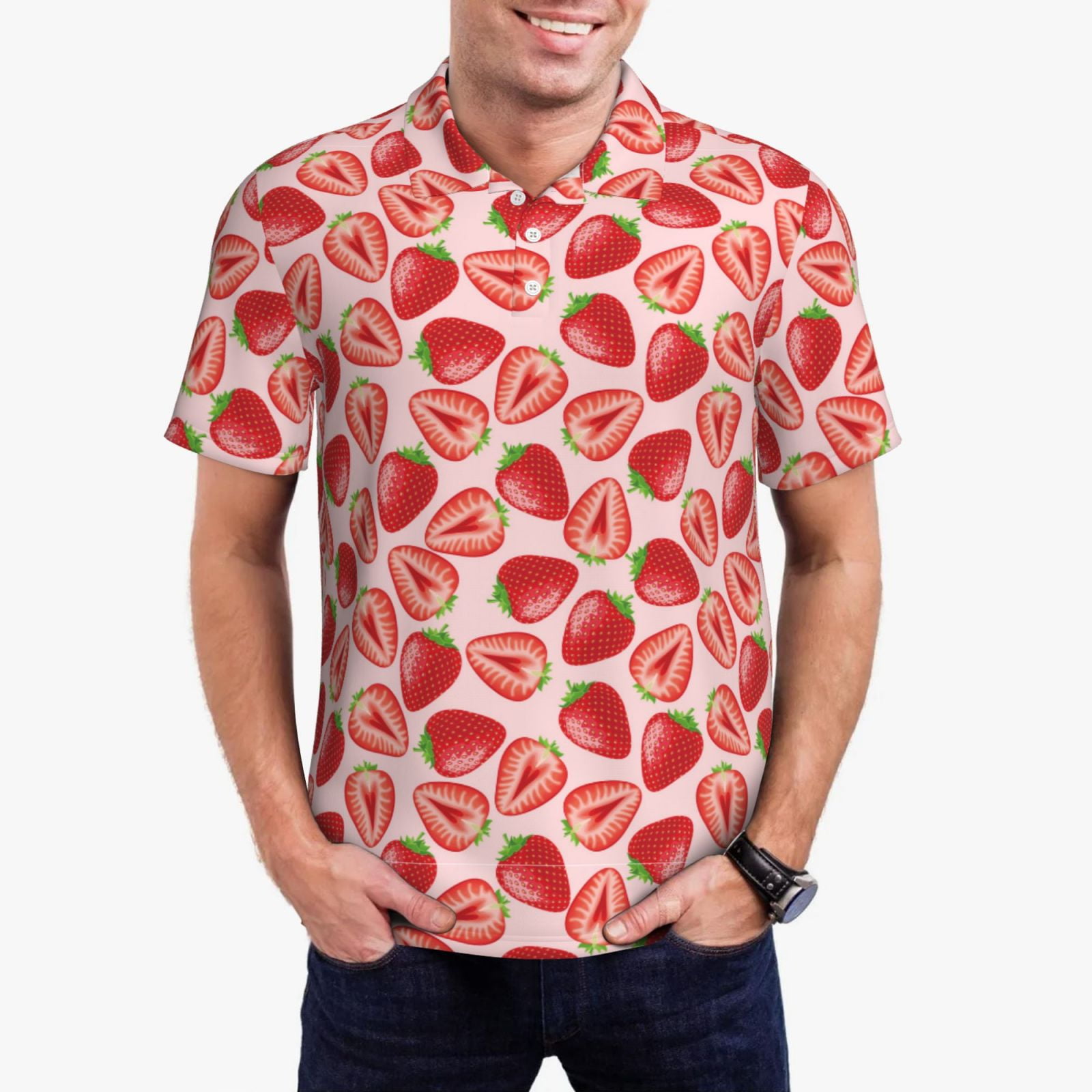 Jgfou Cute Strawberry Print Golf Shirts for Men Dry Fit Performance ...