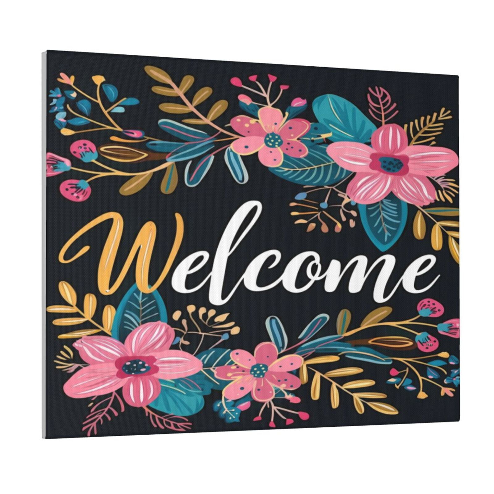 Jgfou Floral Welcome Sign Print Canvas Wall Art for Home Decor ...