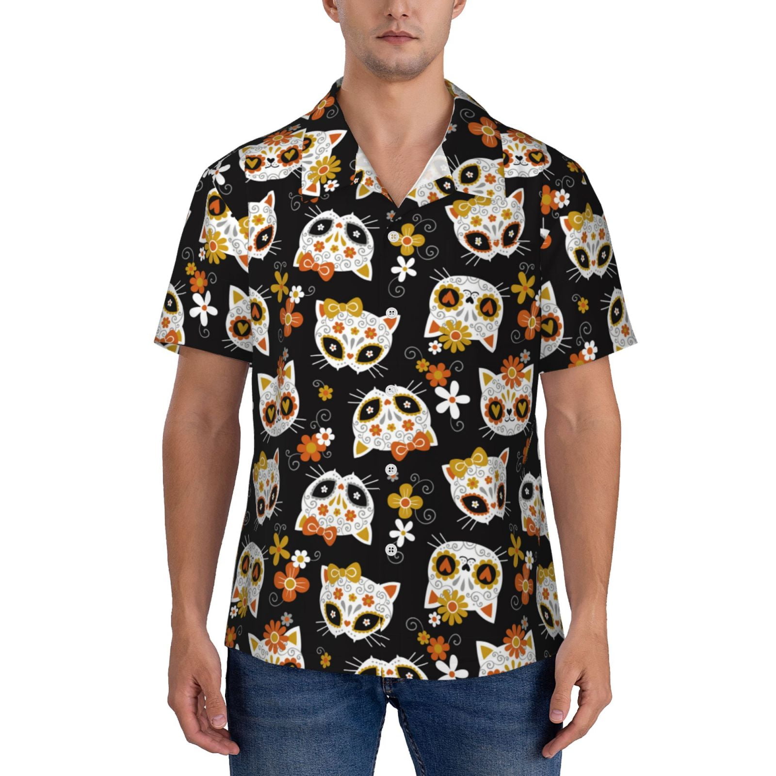Jgfou Flower Fox Print Men's Short Sleeve Hawaiian Shirt Full Width ...