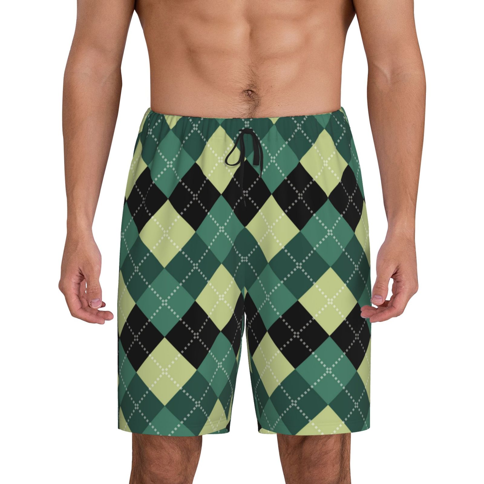 Jgfou Green Squares Print Pajama Shorts Mens Pajama Pants with Pocket ...