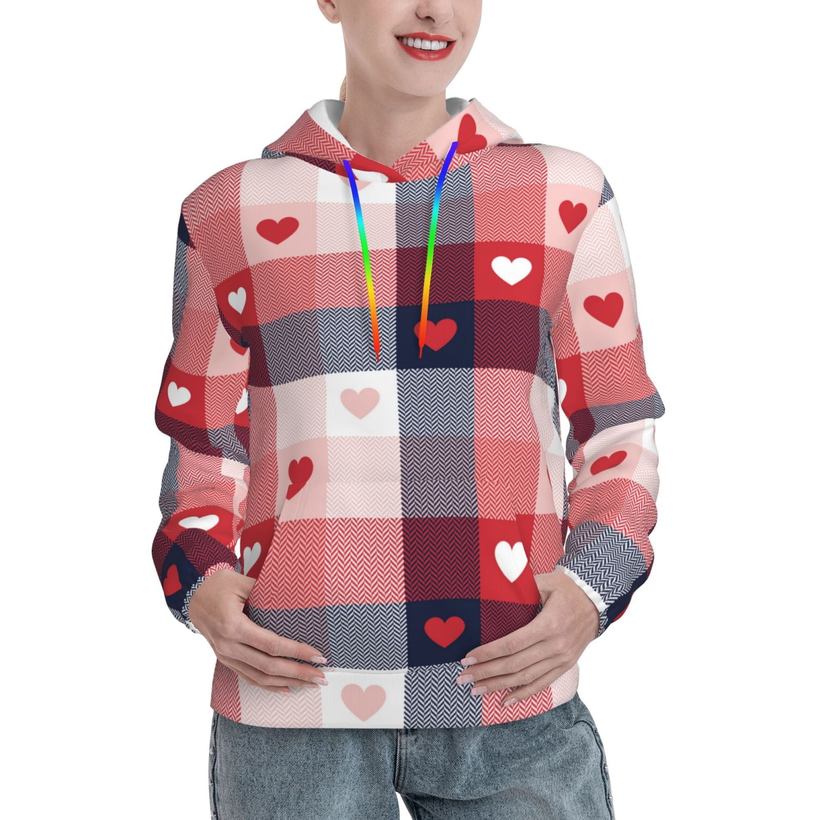 Jgfou Heart Plaid Print Loose Hoodie Top Casual Long Sleeve Sweatshirts ...