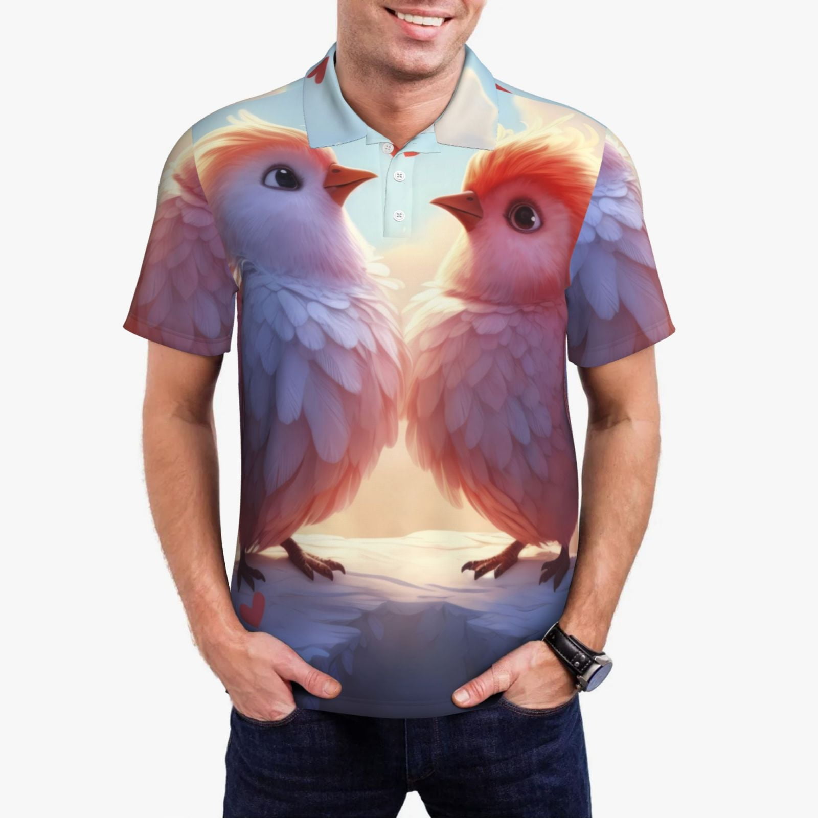 Jgfou Heart Sky Bird Couple Print Golf Shirts for Men Dry Fit ...