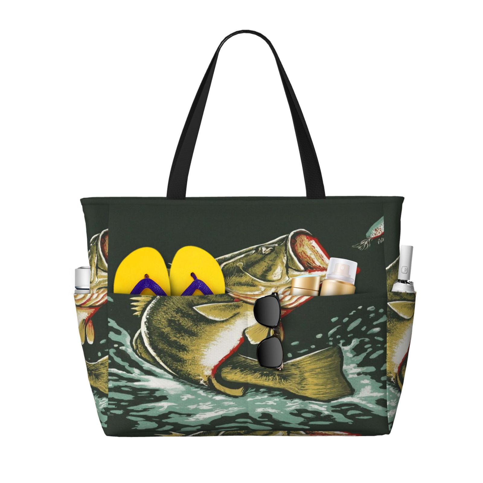 Jgfou Largemouth Bass jumps out of water for Beach Travel Bag designed Large Capacity Portal for ...