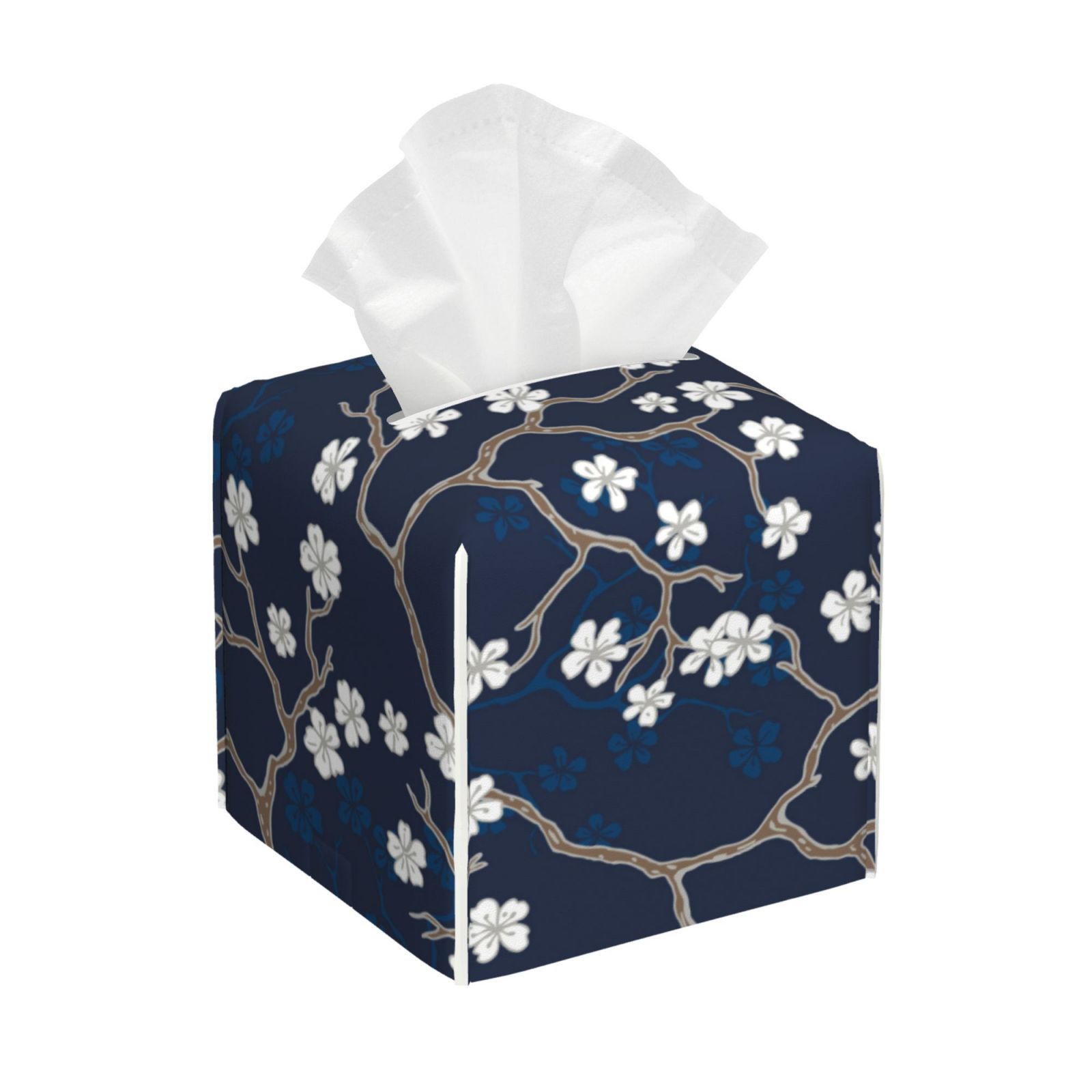 Jgfou Leather Tissue Box Cover Square Cherry Blossoms on Navy ...