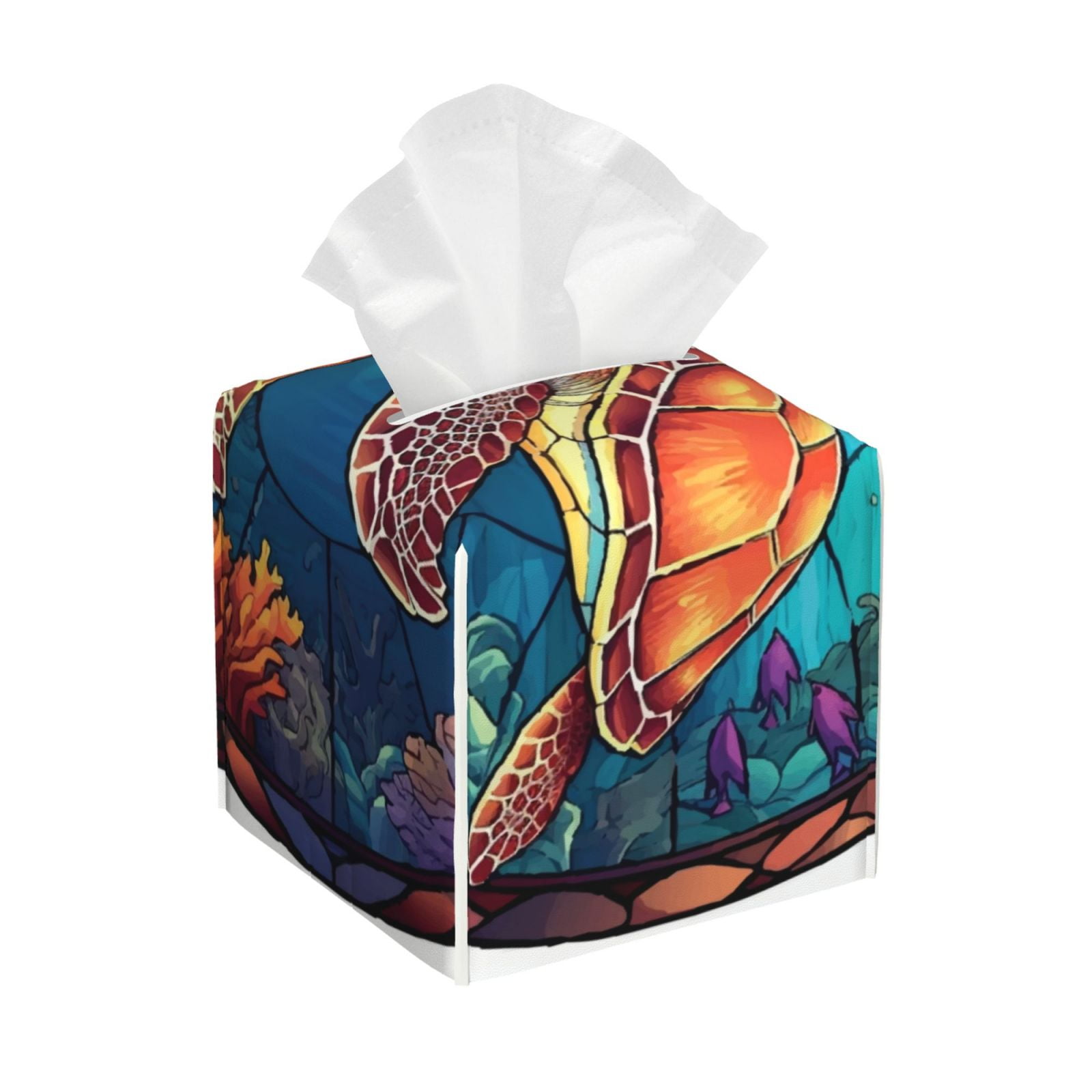Jgfou Leather Tissue Box Cover Square Sea Turtle in Coral Print Tissue ...