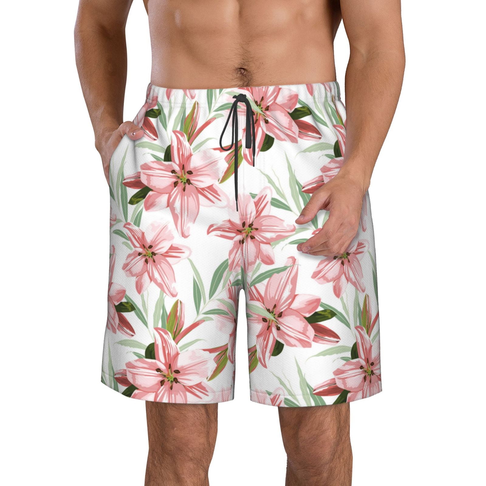 Jgfou Lilies Flowers for Men's Swim Trunks Hawaiian Bathing Mesh Lining ...