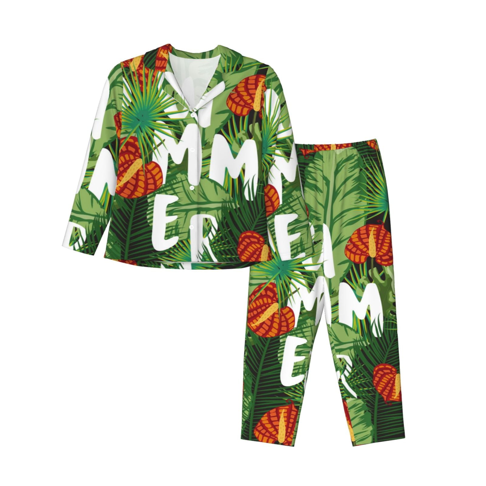 Jgfou Palm Leaves And Tropical Flowers Print Womens Pajamas Set Button ...