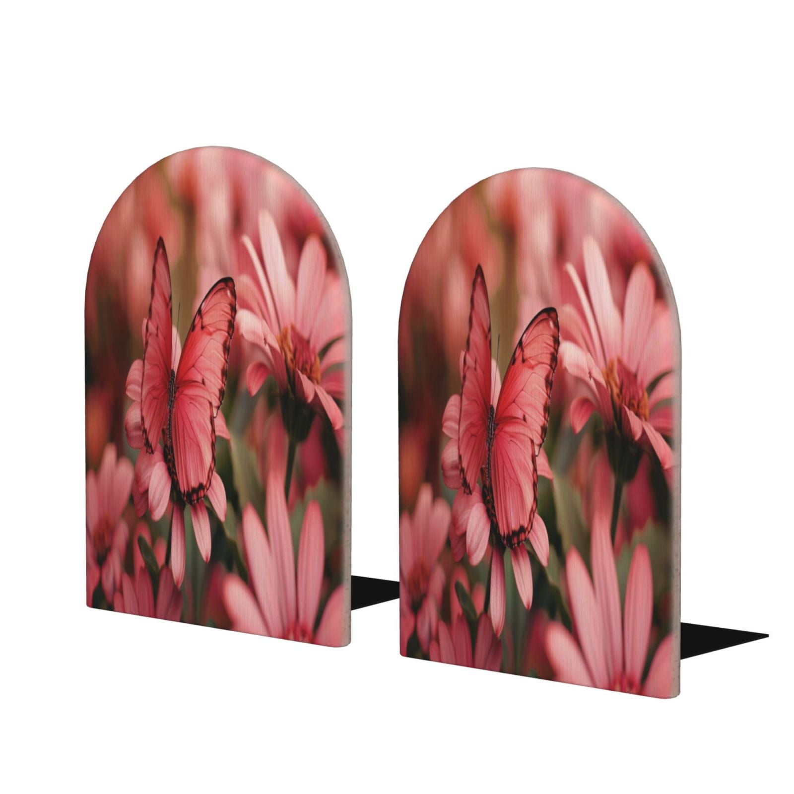 Jgfou Pink Butterfly Print Wooden Bookends, Non-Slip Book Holders for ...