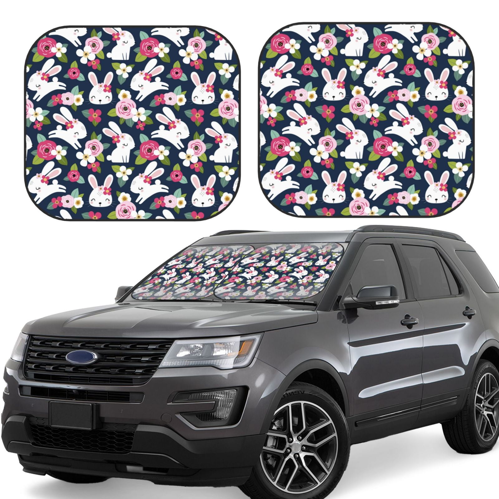 Jgfou Rabbit And Rose print Car Windshield Sun Shade Foldable 2-Piece ...