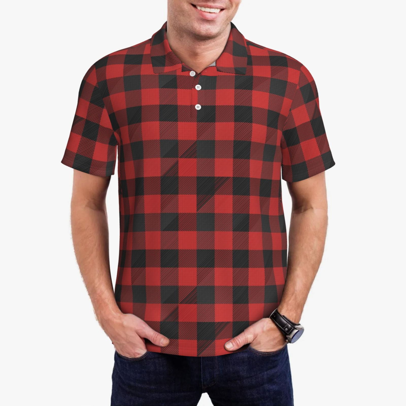 Jgfou Red Black Plaid Print Golf Shirts for Men Dry Fit Performance ...