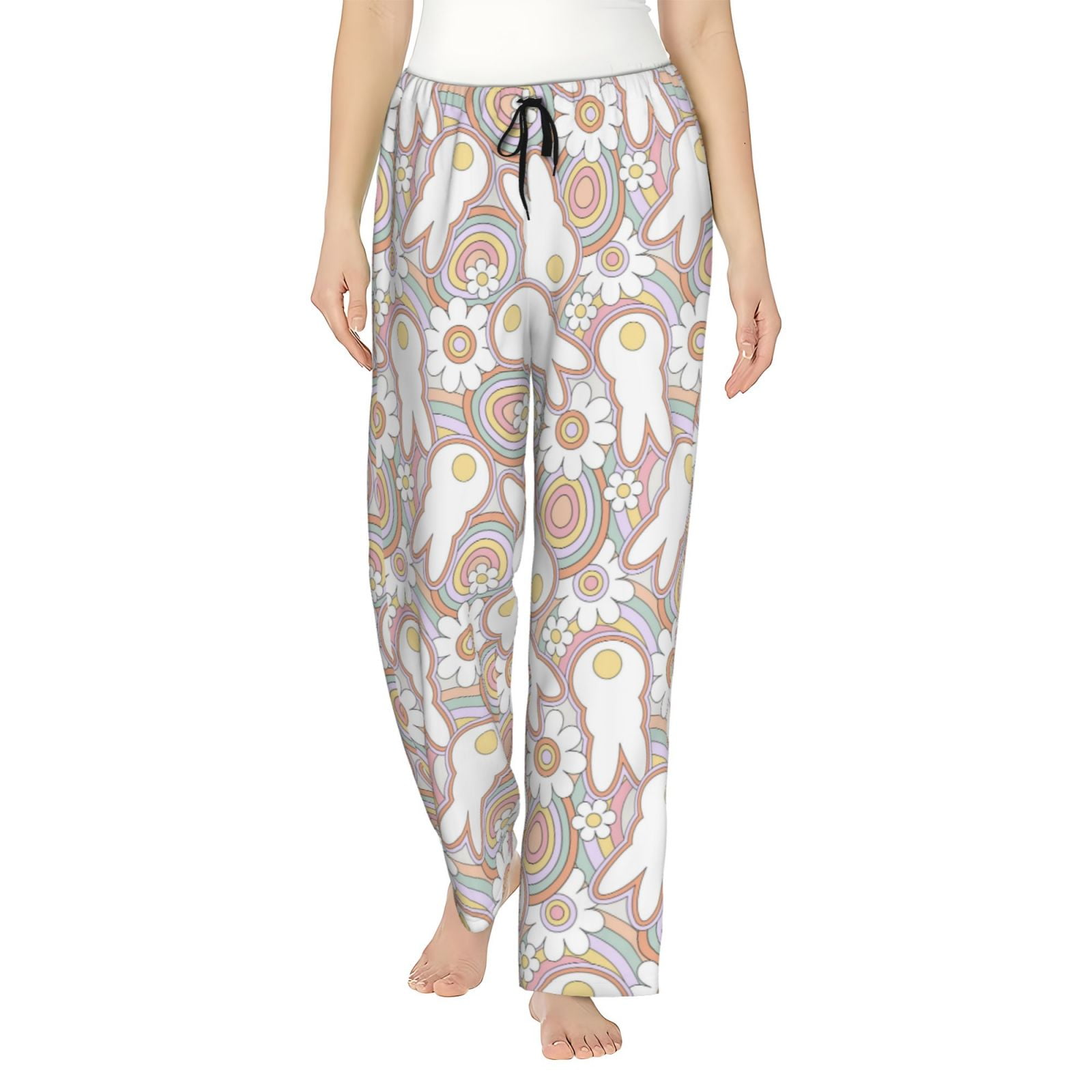 Jgfou Retro Hippie Groovy Easter bunny Print Womens Pajama Pants for ...