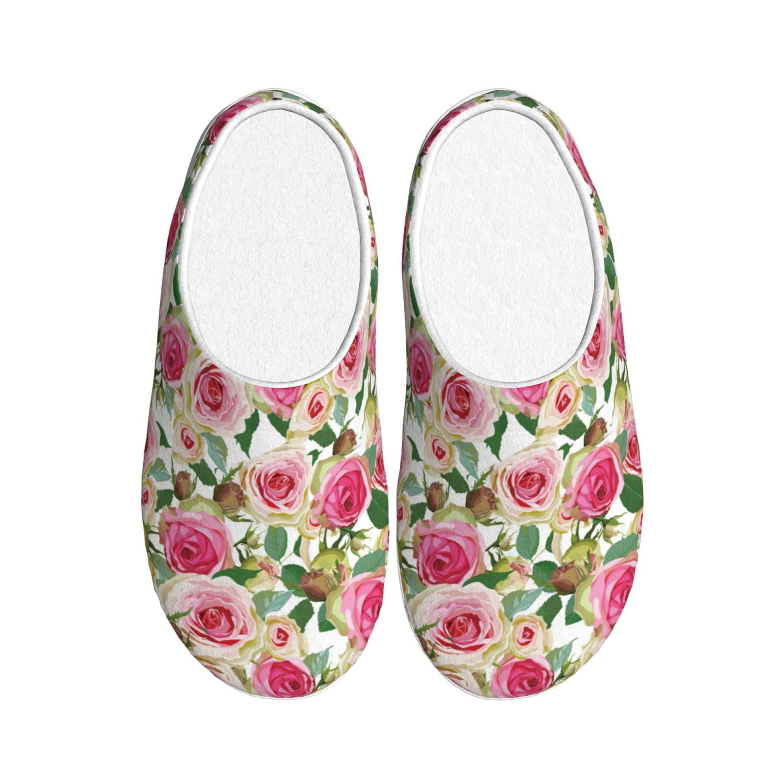 Jgfou Rose Flowers Print Cotton Slippers, Fuzzy and Cozy Warm Non-Slip ...