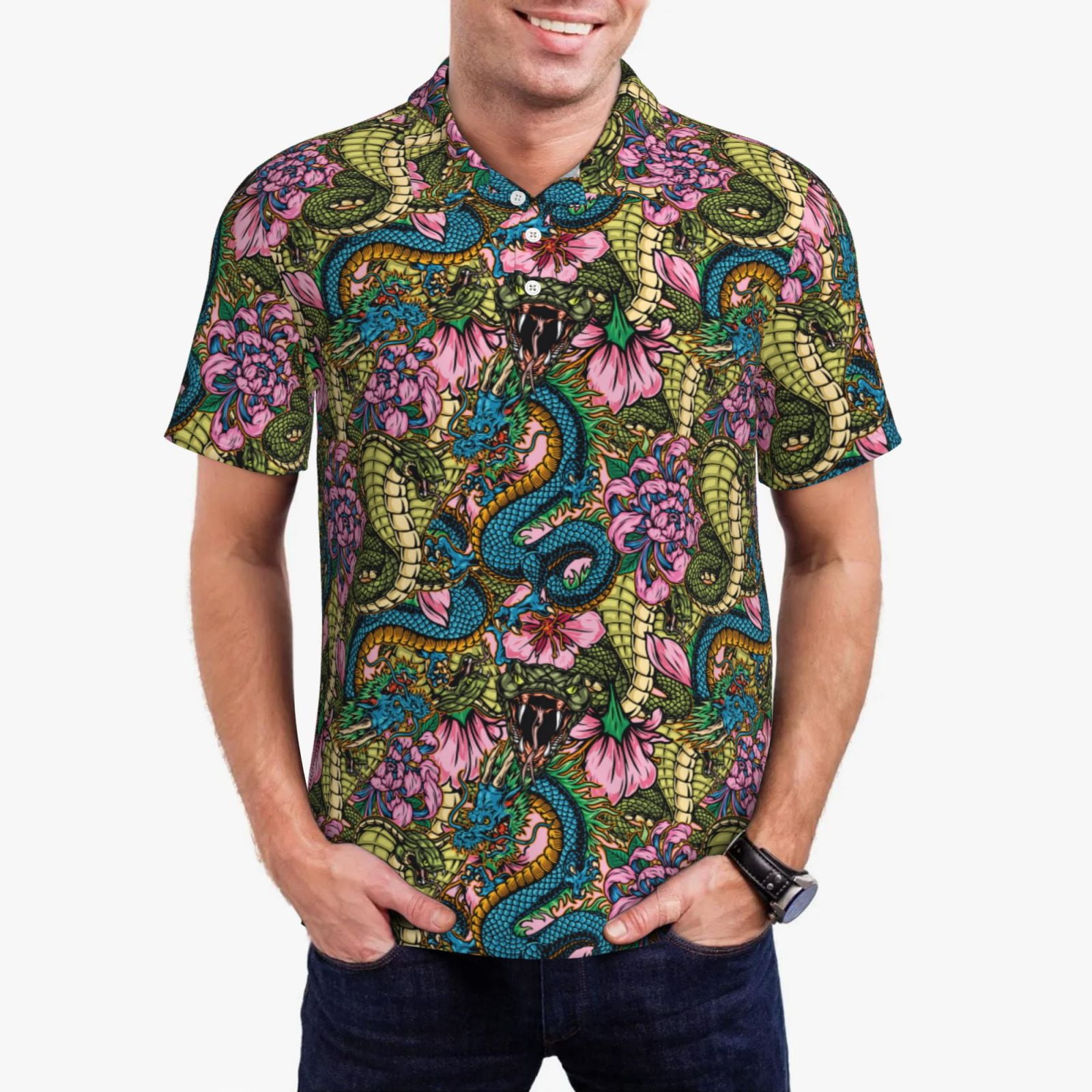 Jgfou Snake And Flower Print Golf Shirts for Men Dry Fit Performance ...