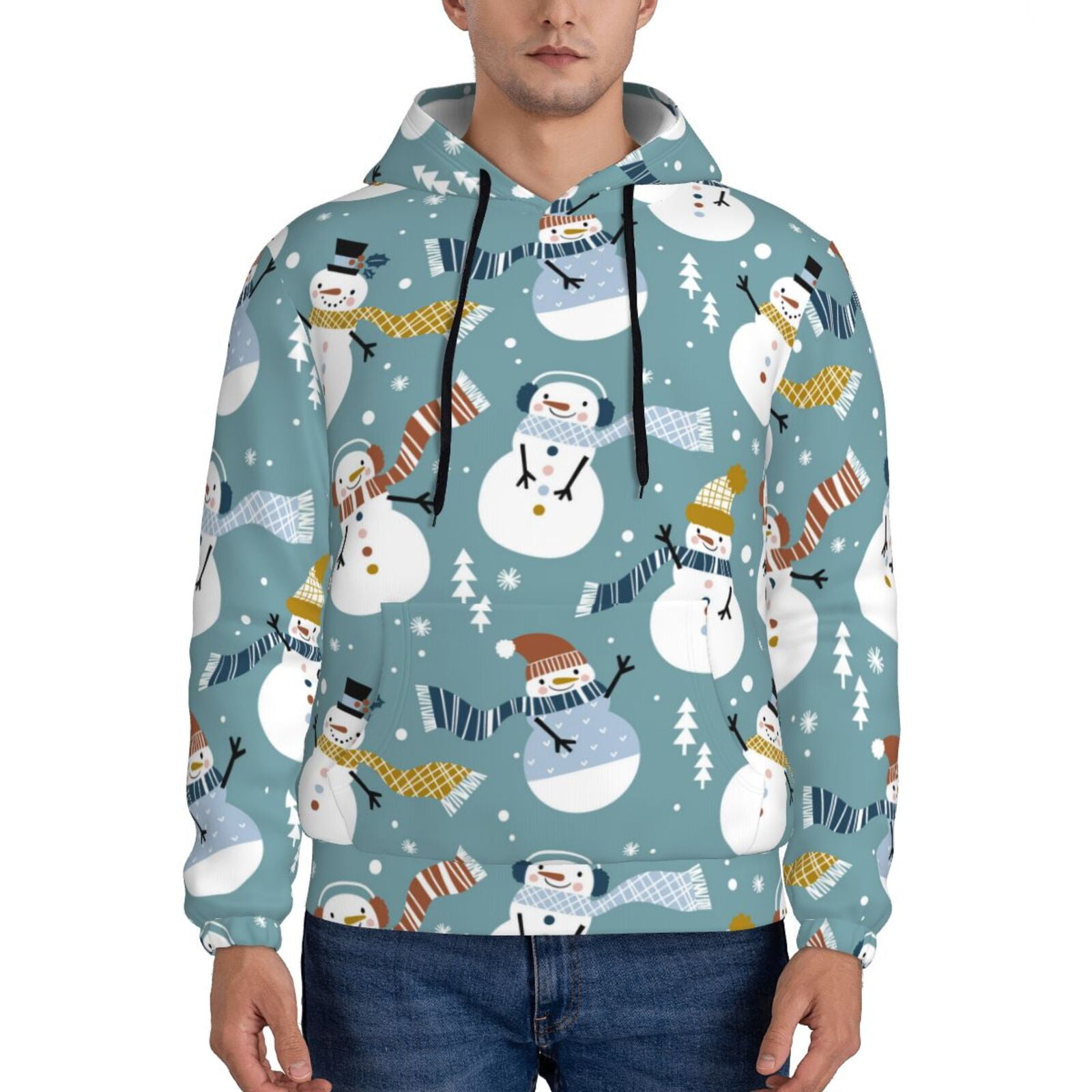 Jgfou Snowflake Scarf Snowman Pattern Mens Hooded Sweatshirt Casual ...