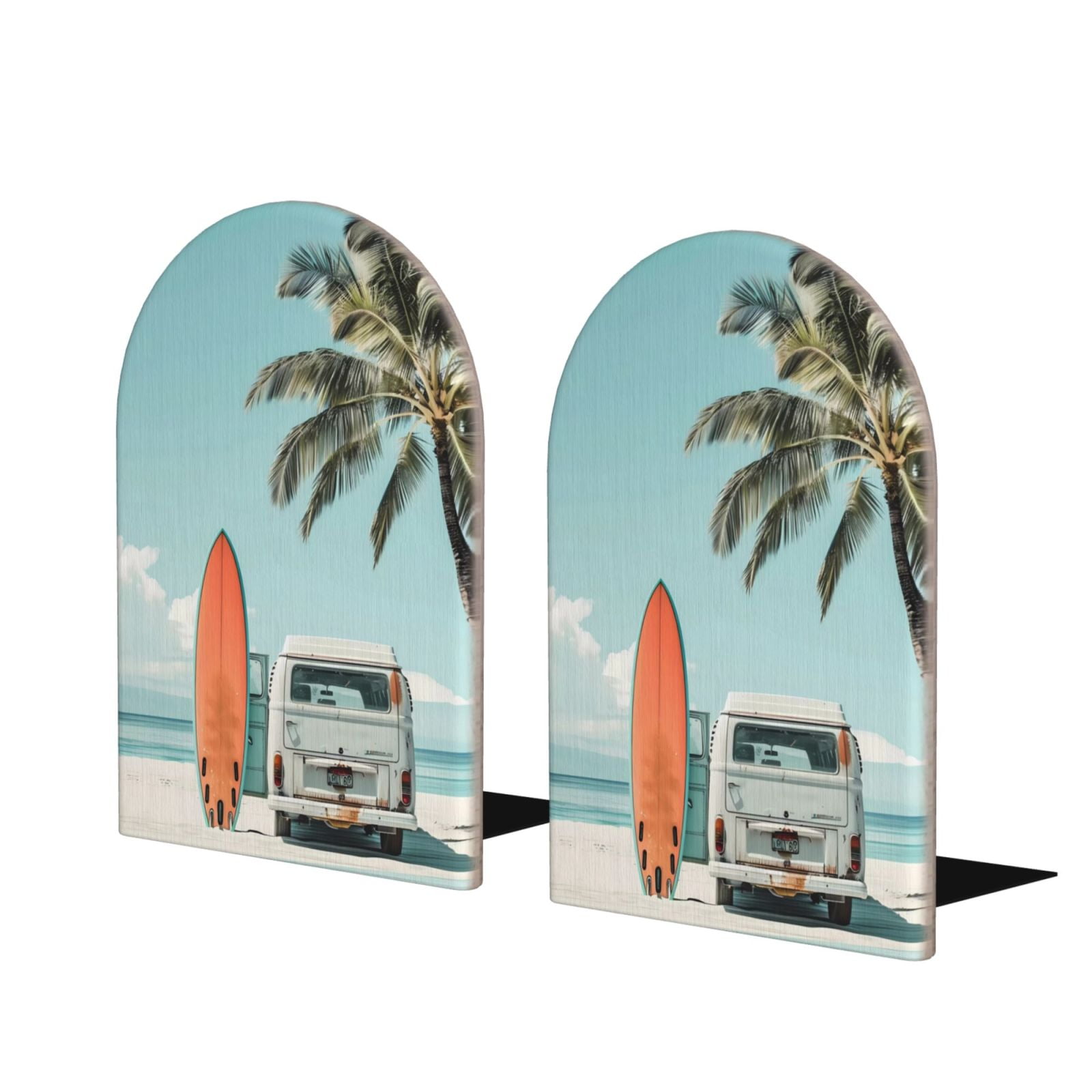 Jgfou Vintage Surf Van Beach Print Wooden Bookends, Non-Slip Book ...