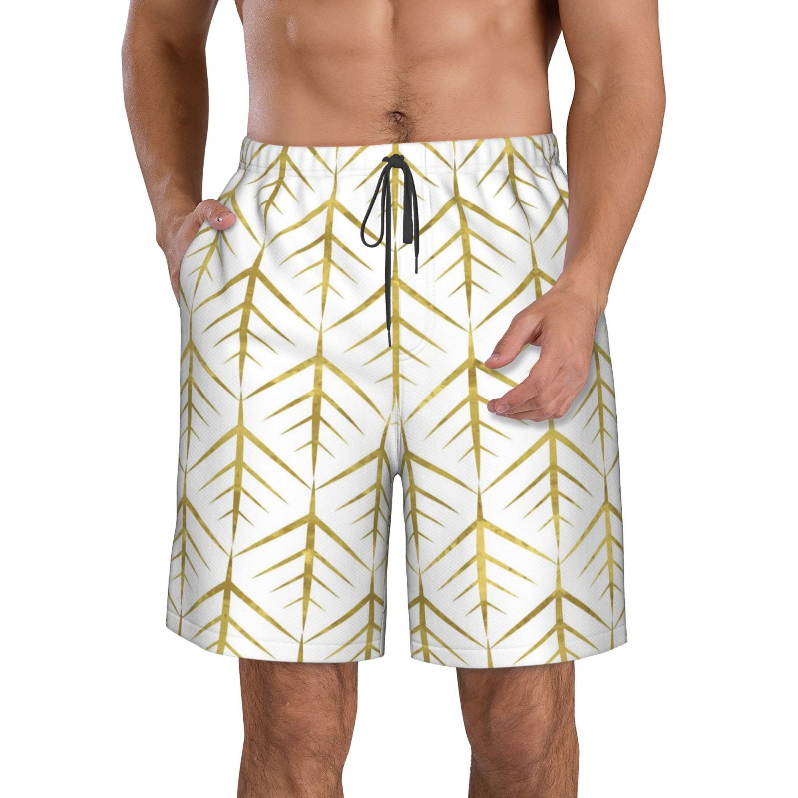 Jgfou White And Gold Geometry for Men's Swim Trunks Hawaiian Bathing ...
