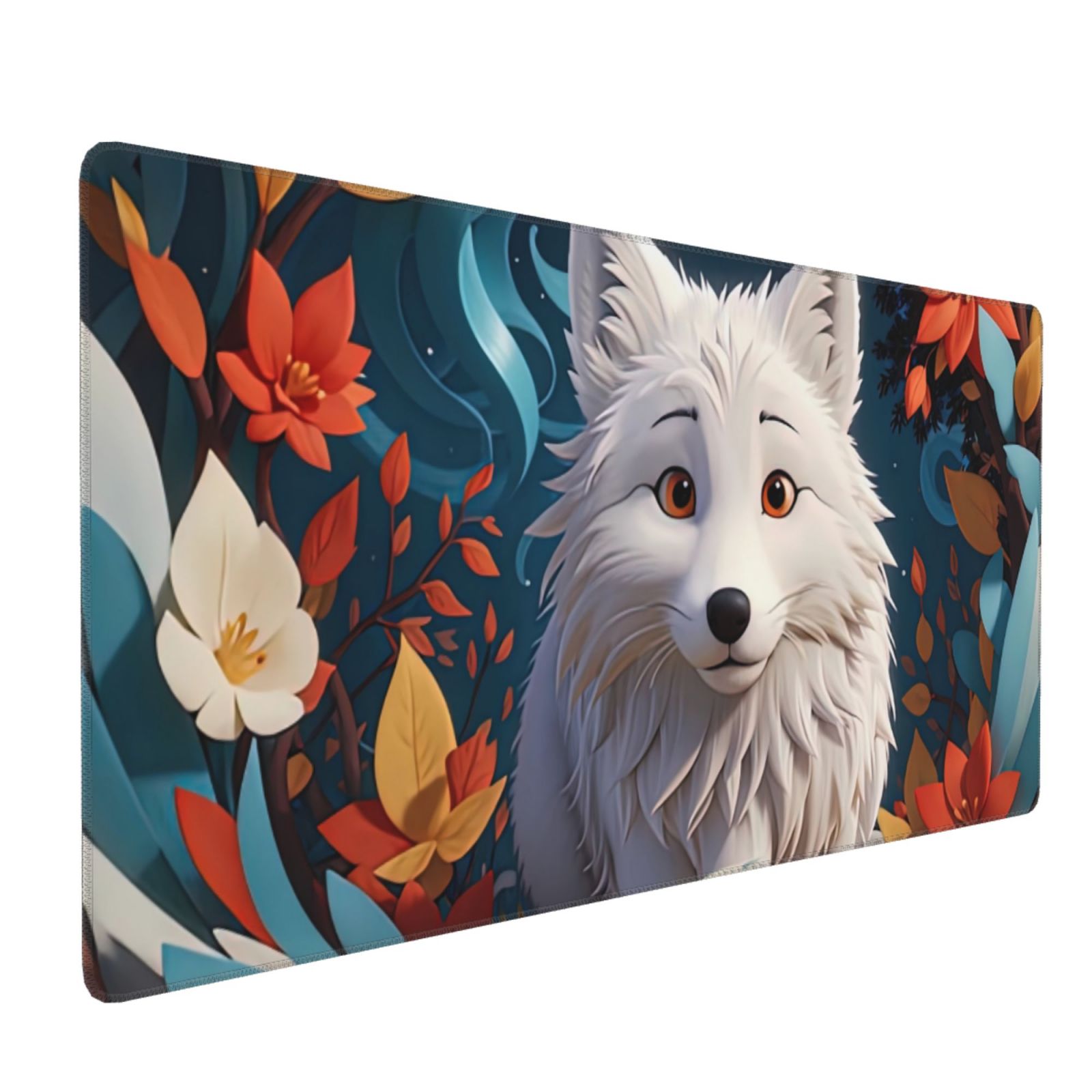 Jgfou White Wolf With Flowers Print Large 16x35.5in Mouse Pad ...