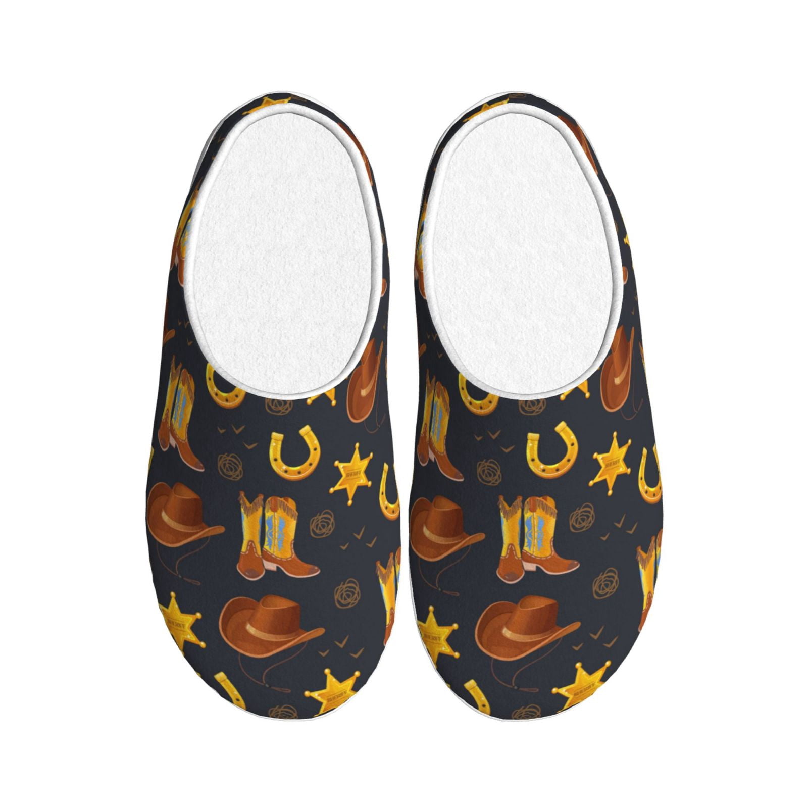 Jgfou Wild West Golden Horseshoe Print Cotton Slippers, Fuzzy and Cozy ...