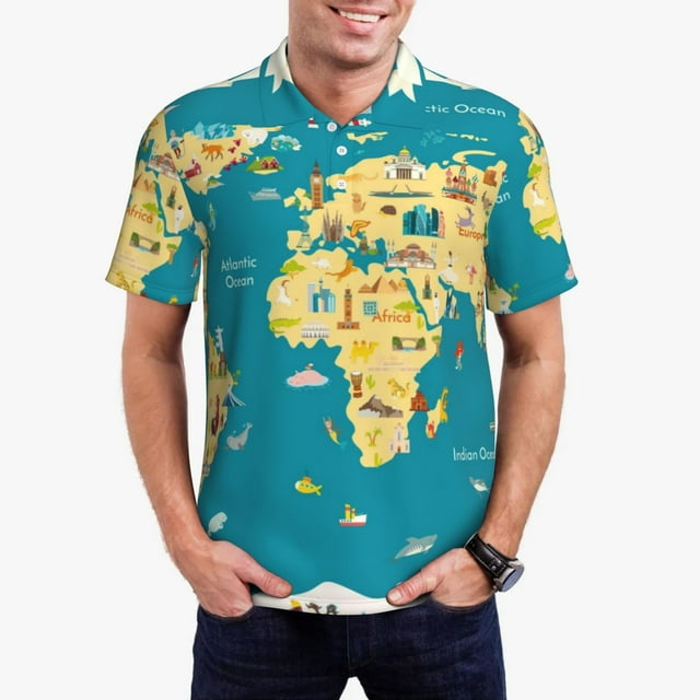 Jgfou World Map With Landmarks Print Golf Shirts for Men Dry Fit ...