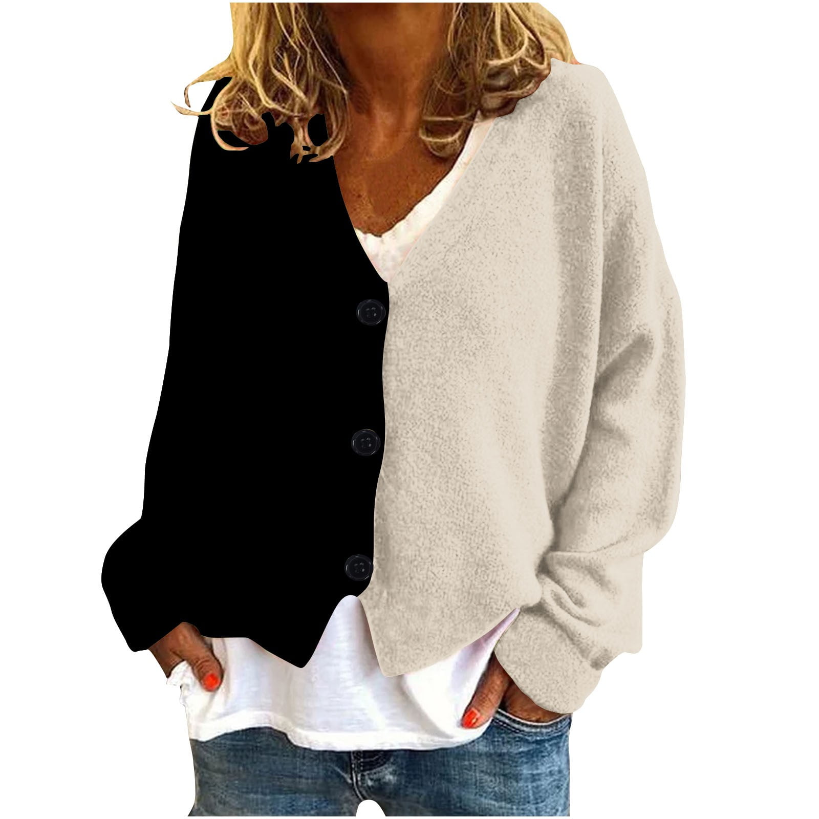 Jgppe Drop Shoulder Cardigan for Women Cute Color Block Long Sleeve ...