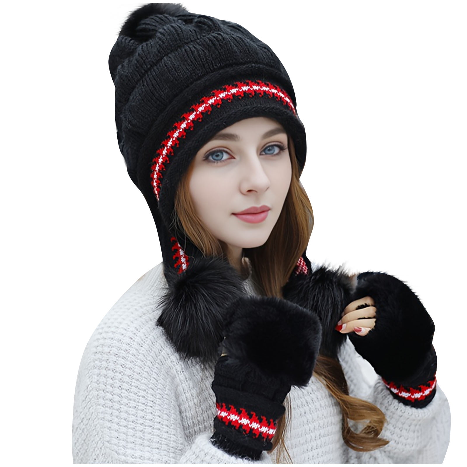 Jgppe Women Winter Knit Hat Set with Glove Fleece Lined Ear Flaps ...