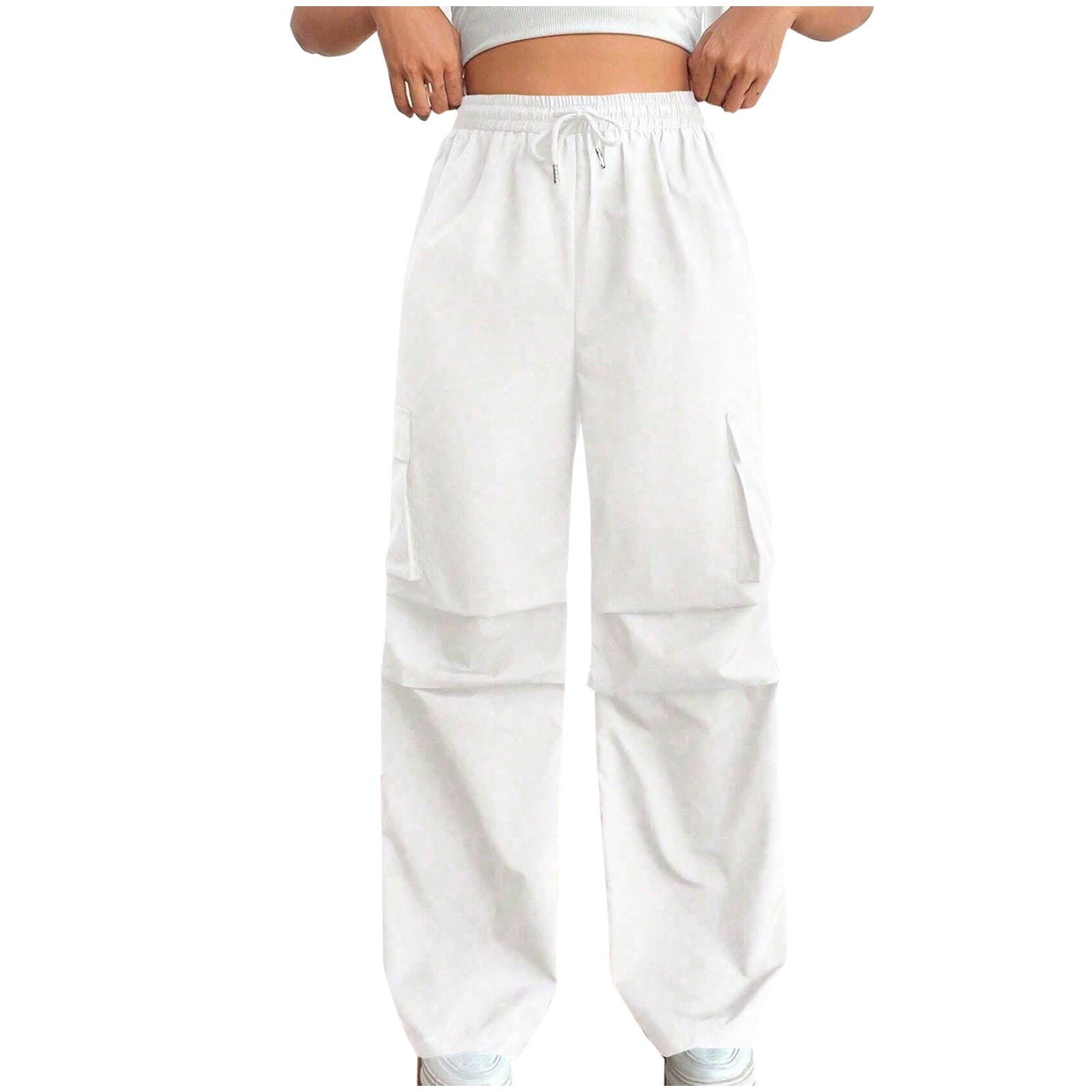 Jgppe Women's Baggy Cargo Pants Wide Leg Casual Solid Color Drawstring High Waist Parachute ...