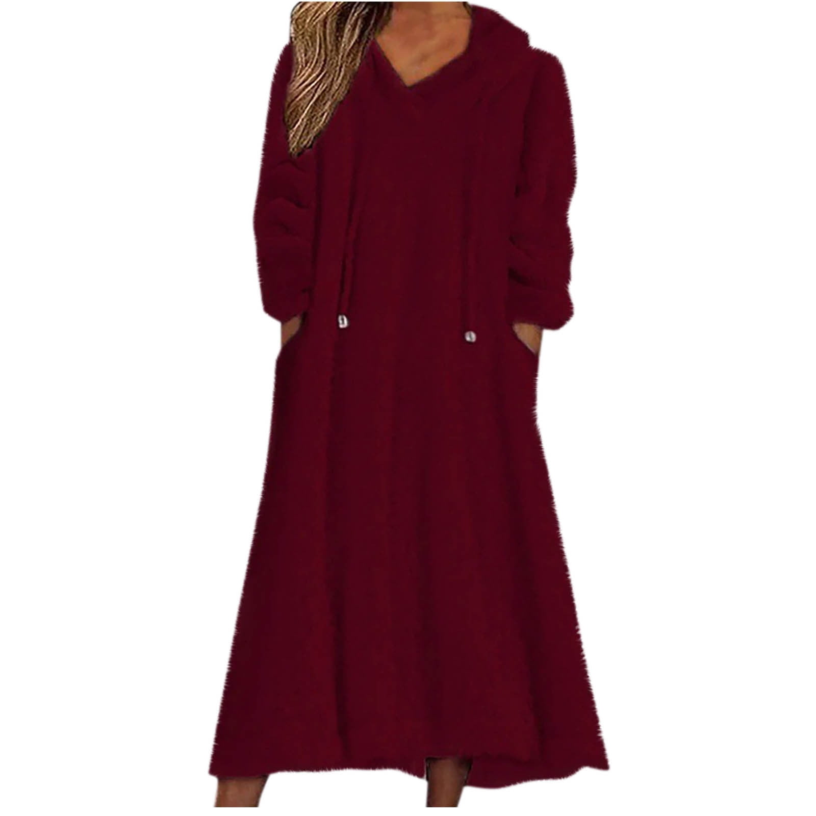 Jgppe Womens Fleece Long Dress Hooded Warm Fuzzy Plus Size Long Dress Nightgown with Pockets ...