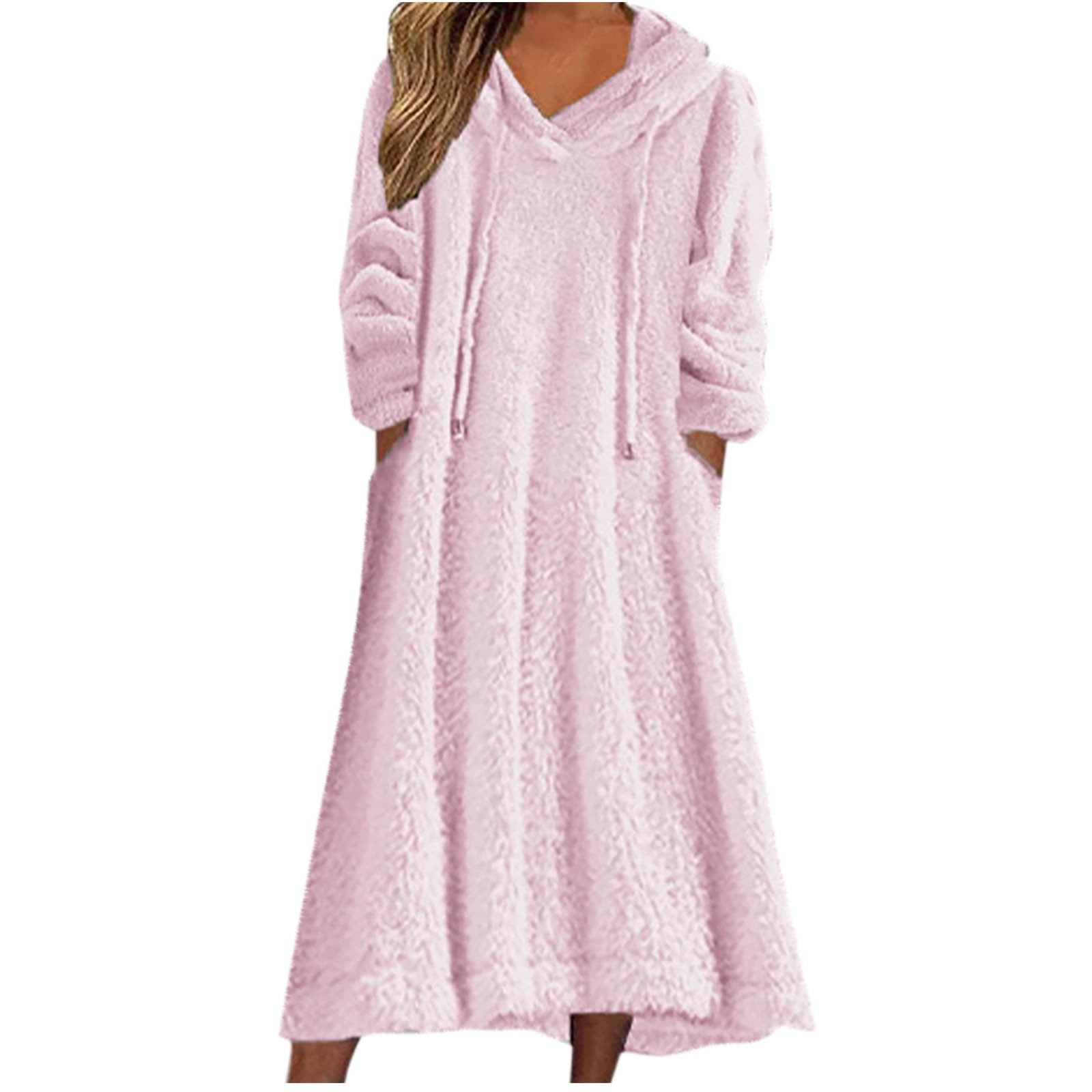 Jgppe Womens Fleece Long Dress Hooded Warm Fuzzy Plus Size Long Dress ...