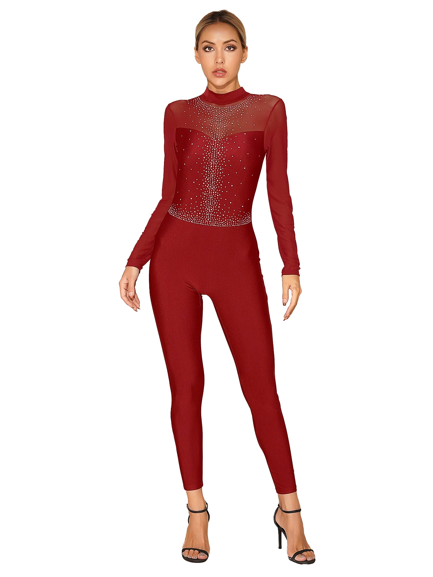 Jhaoyu Women's High Neck Shiny Rhinestone One Piece Unitard Full Body ...