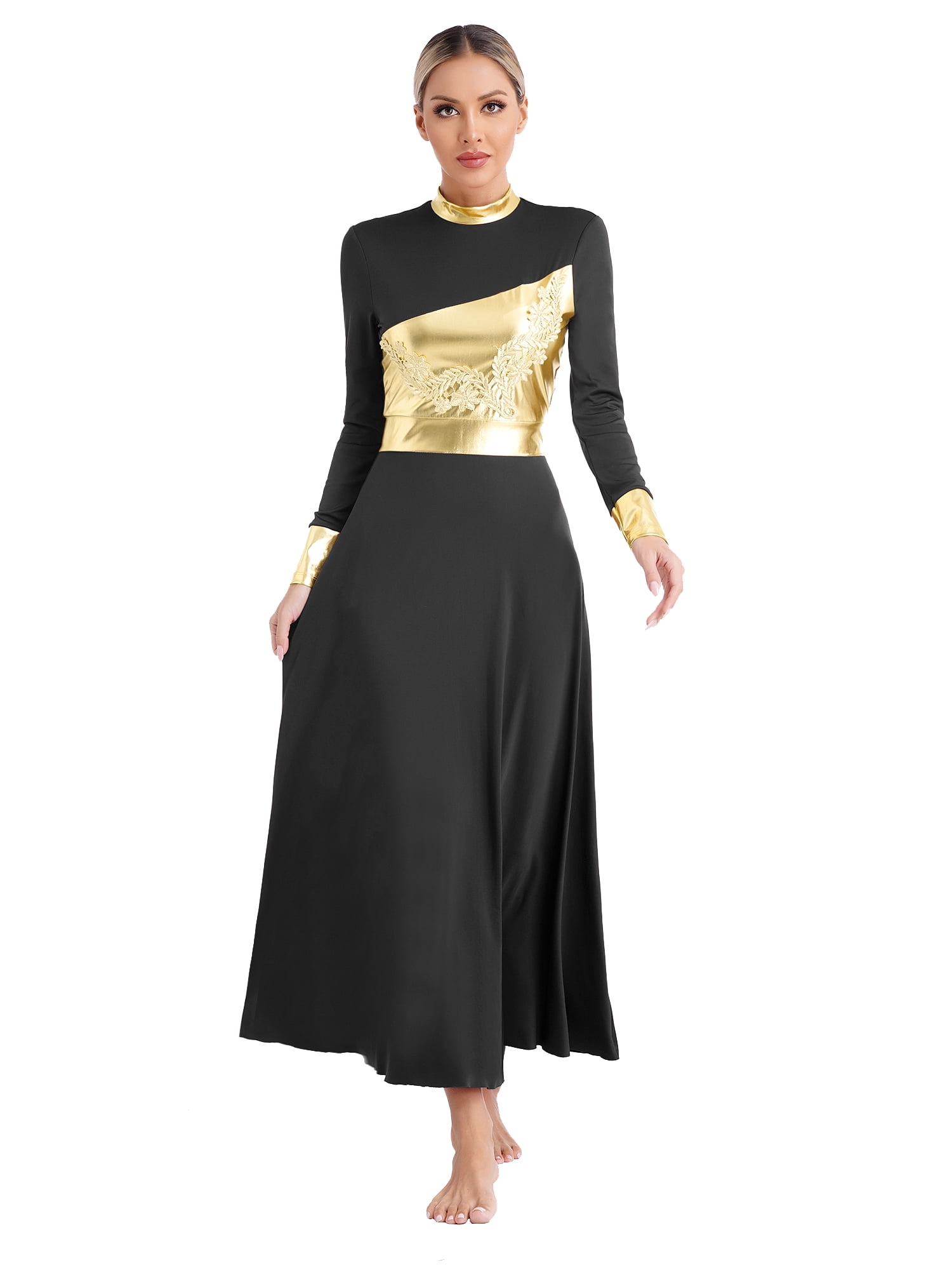 Jhaoyu Women's Praise Dance Dresses Shiny Metallic Long Sleeve ...